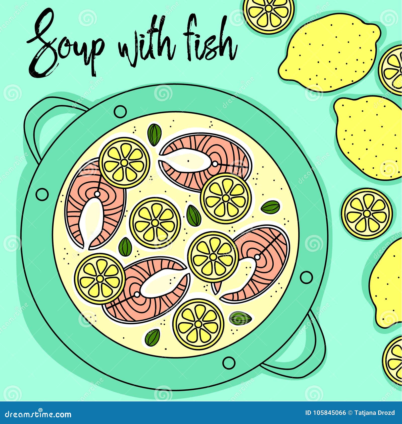 Soup with Fish and Lemon Hand Draw Stock Vector - Illustration of ...