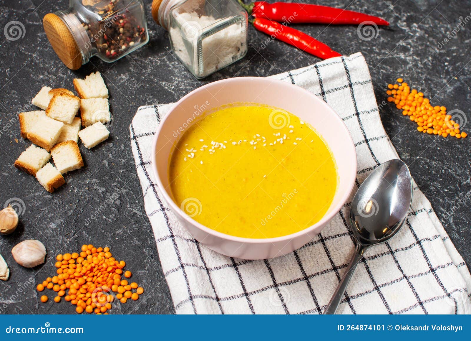 Soup of Mashed Red Lentils. Close Grain Lentils, Spices and Herbs ...