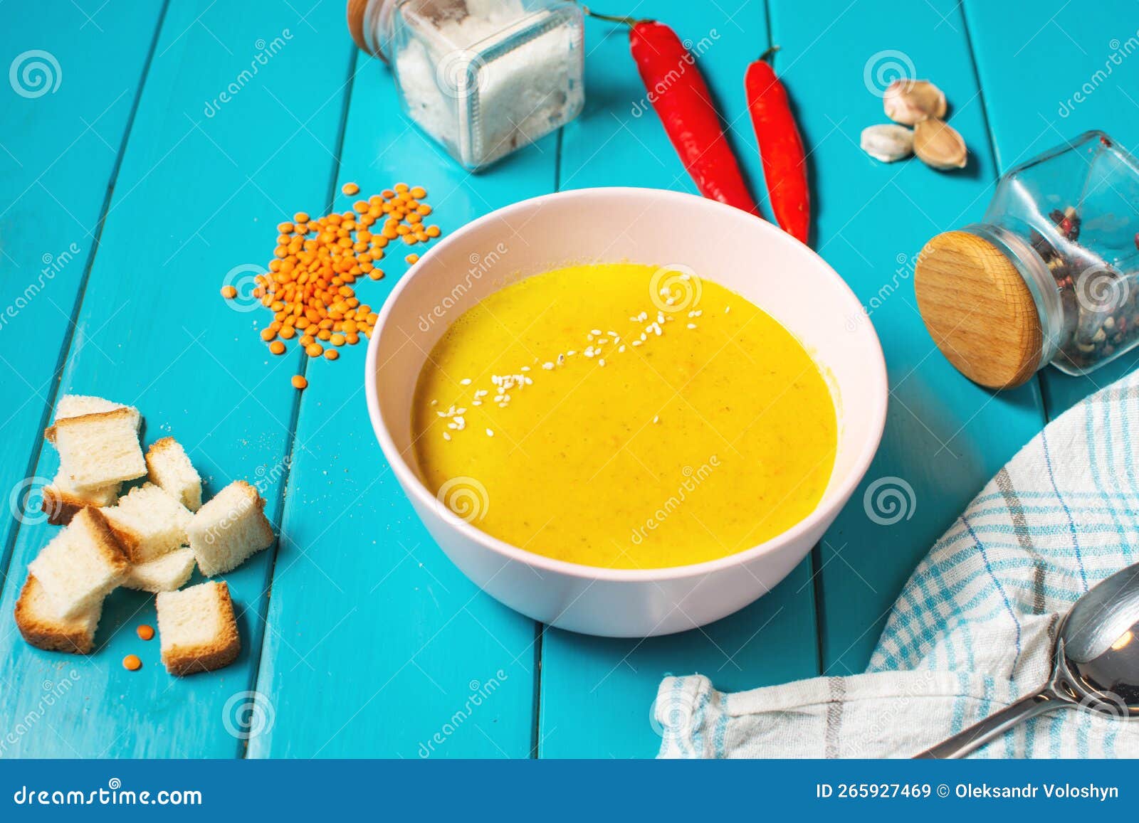 Soup of Mashed Red Lentils. Close Grain Lentils, Spices and Herbs ...