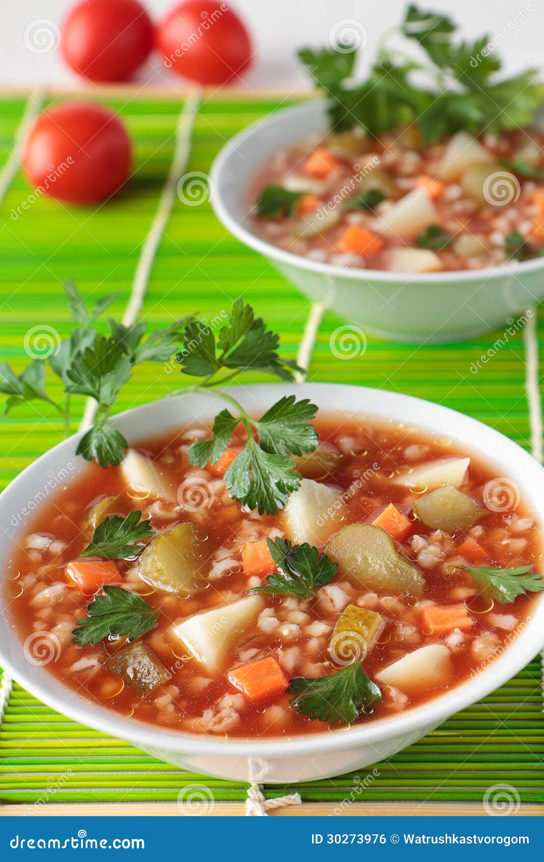 Soup with Pickled Cucumbers, Barley and Tomato Paste Stock Photo ...