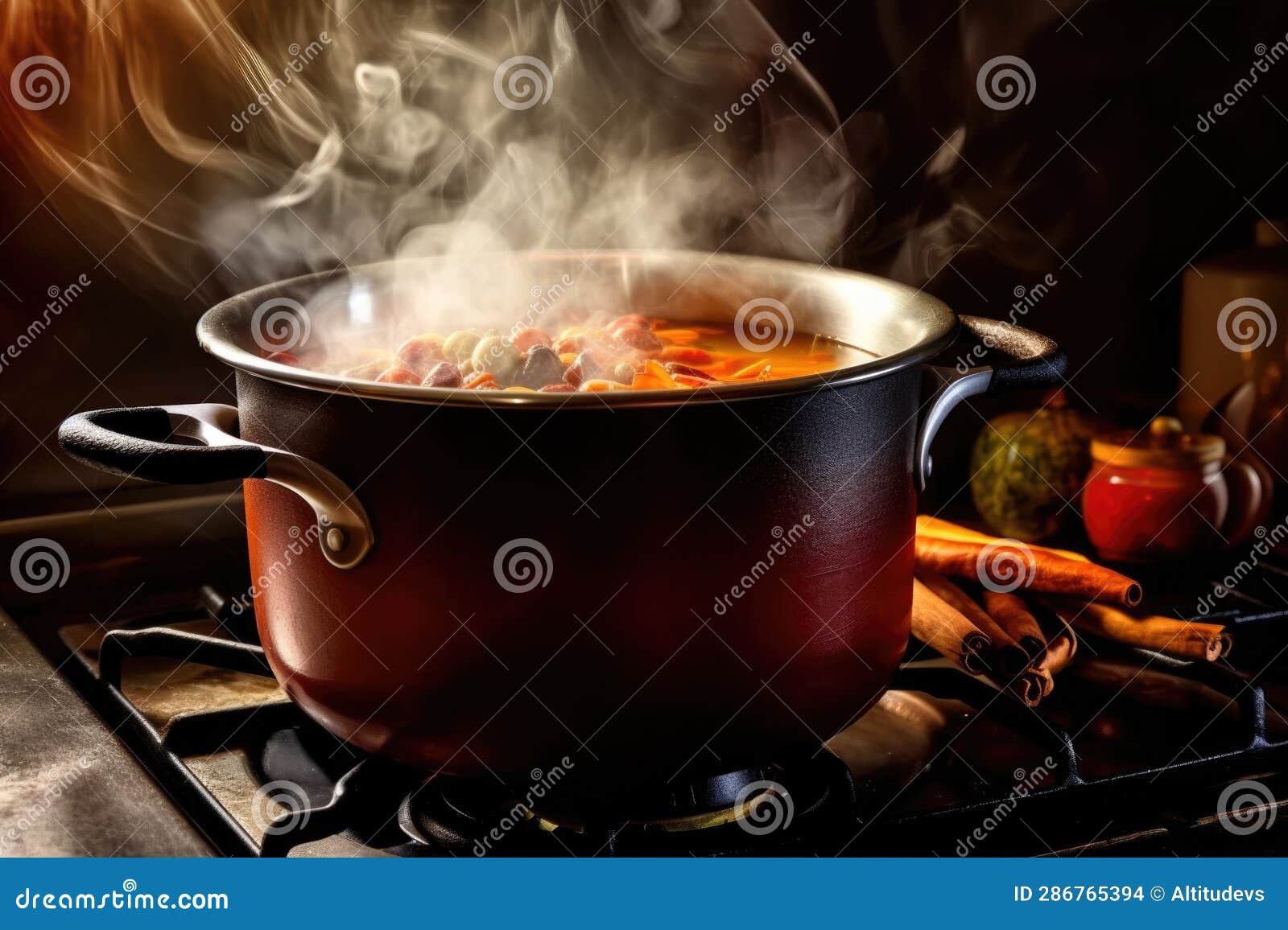 Soup Pot on Stove with Rising Steam Stock Photo - Image of meal ...