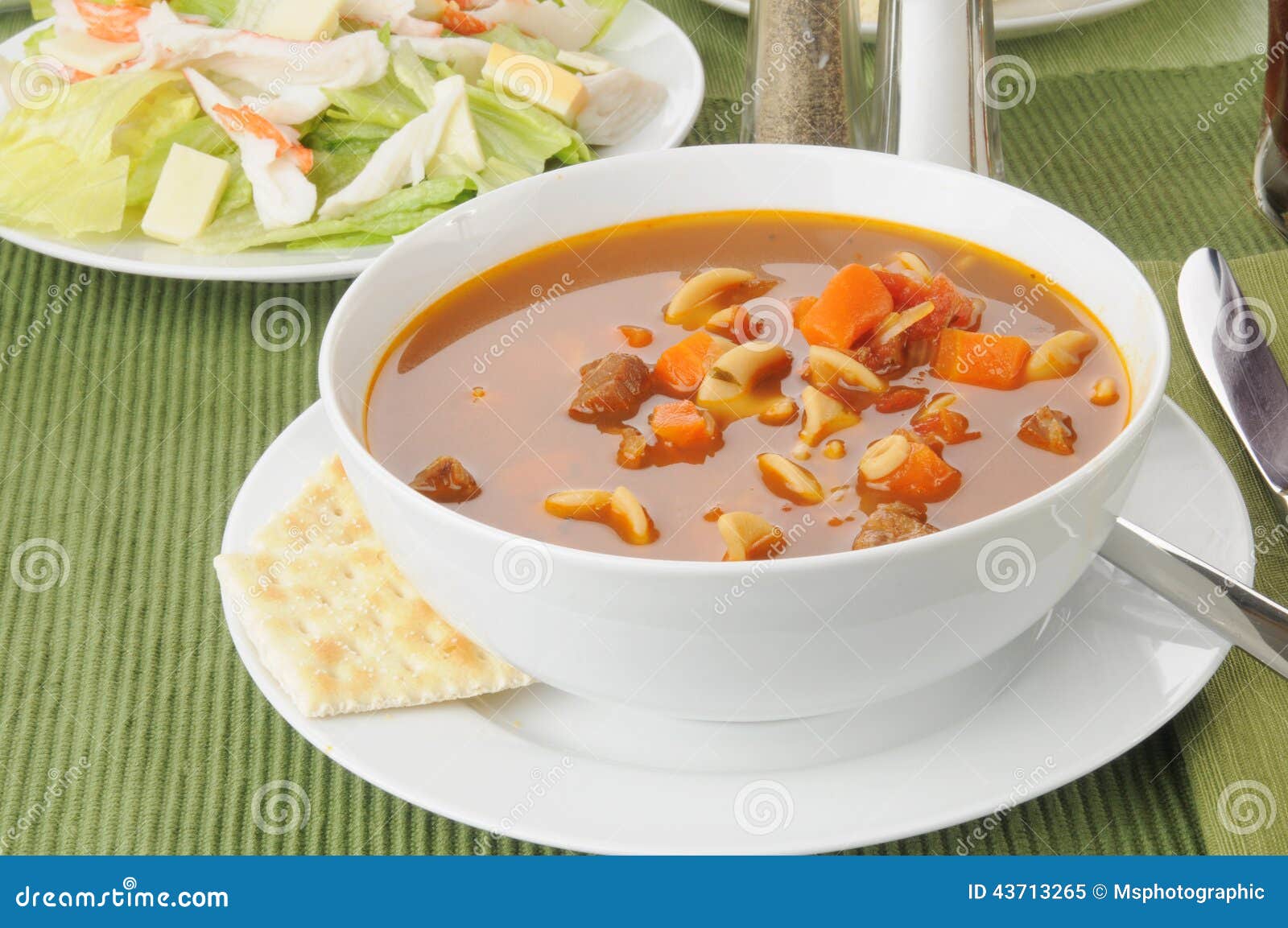 Soup and salad stock image. Image of condiments, saltines - 43713265