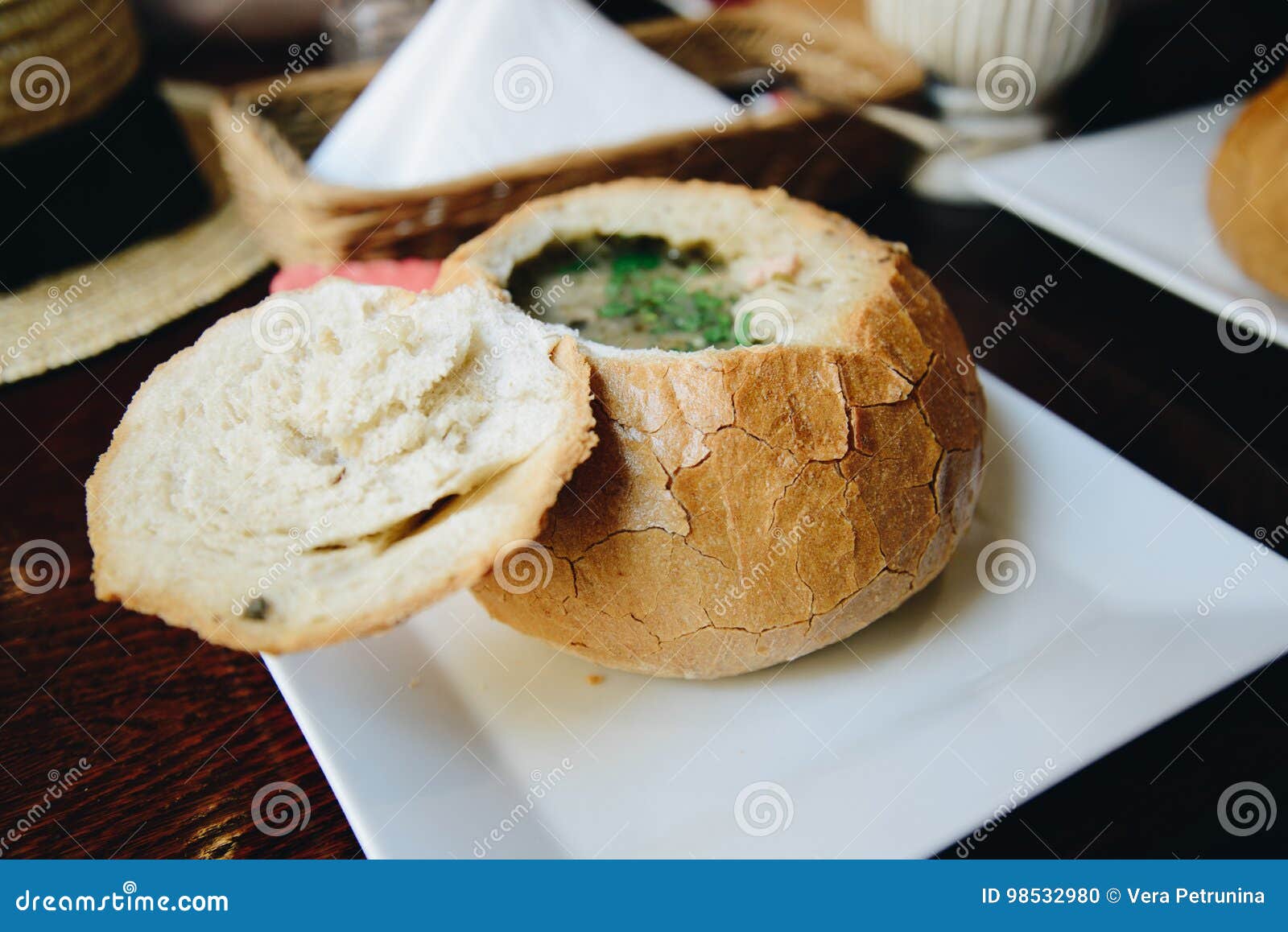 Soups Served in Hollowed Out Bread Bowls Stock Photo - Image of ...