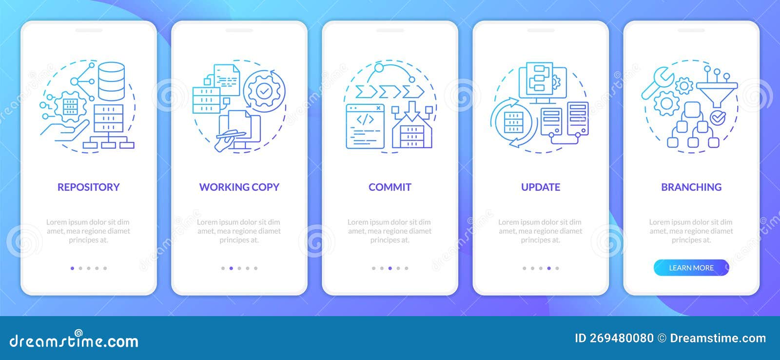 Source Control Concepts Blue Gradient Onboarding Mobile App Screen Stock Vector Illustration