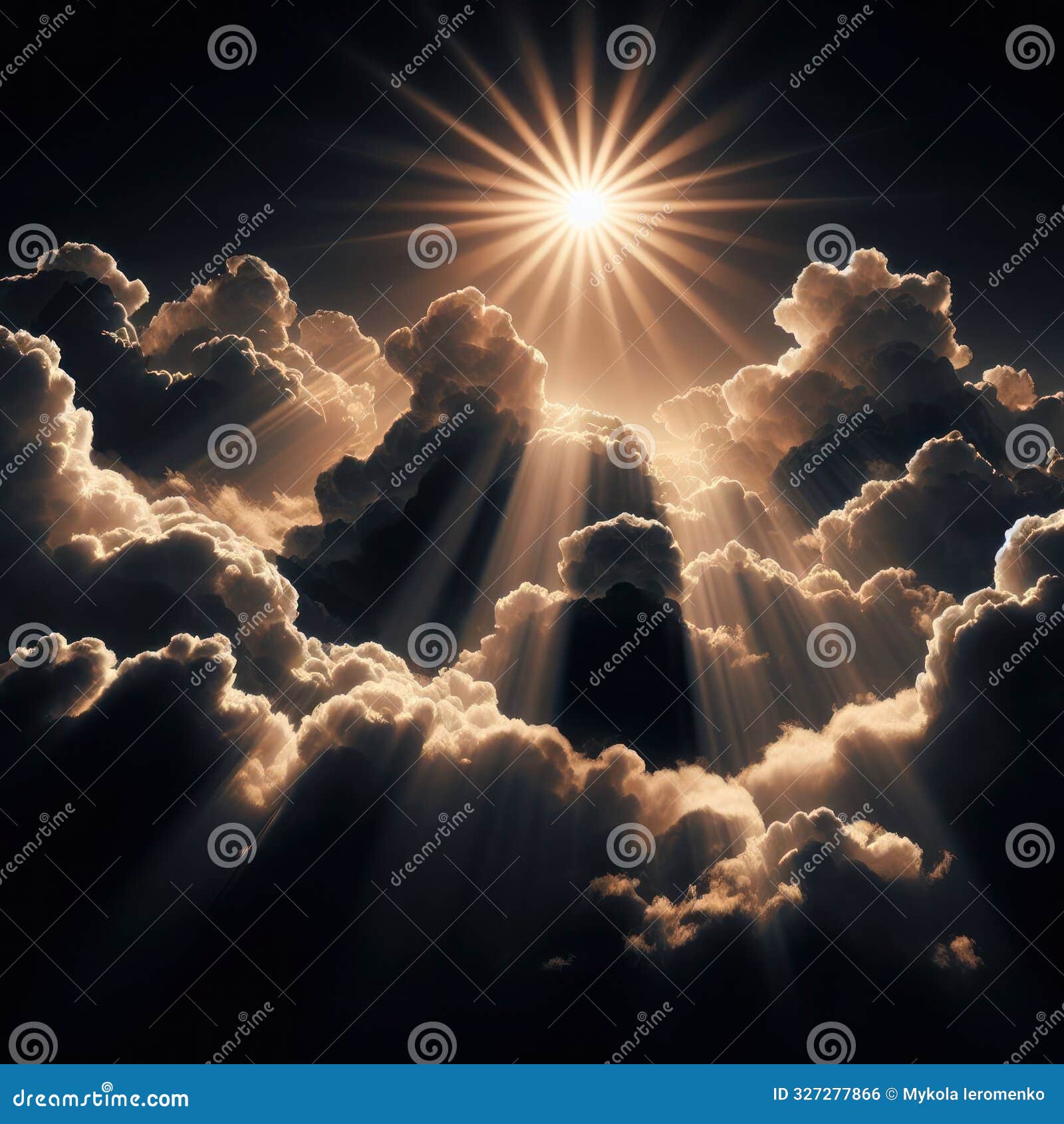 A Source of Light Shining in the Dark Sky, Above the Clouds. Stock ...