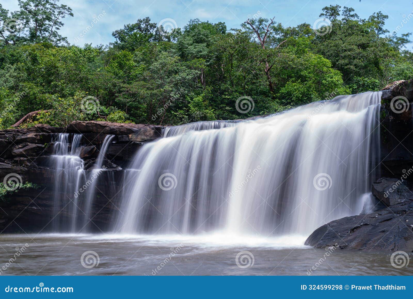 The Source of the River in the Forest. Waterfall with Forest in the ...