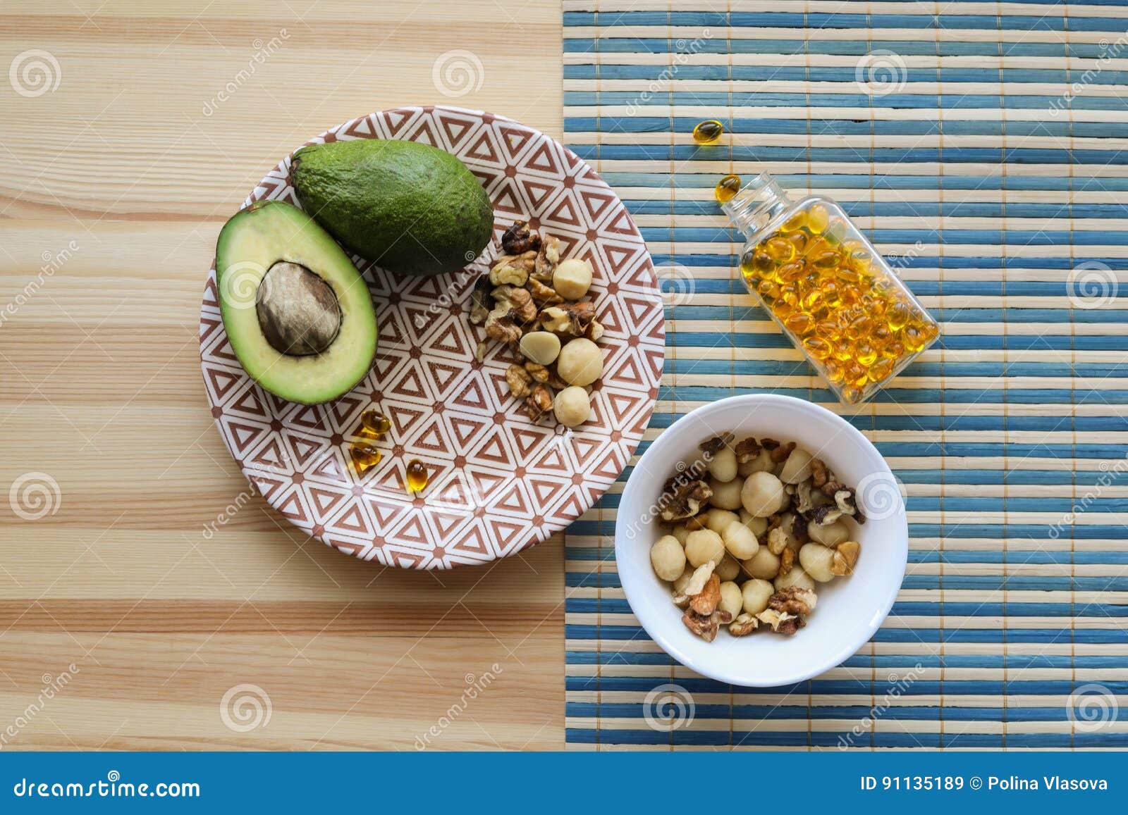 Sources of Fats: Avocados, Nuts, Omega-3 Complex Stock Image - Image of ...