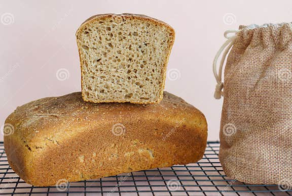 Sourdough Rye Bread Rectangular Brick Shape. a Canvas Bag of Flour on a ...