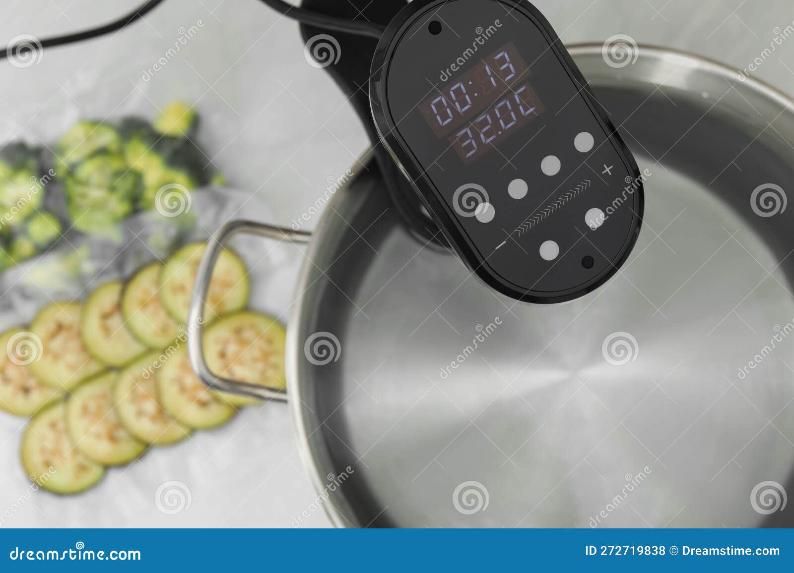 Sous Vide Cooker in Pot on White Table, Closeup. Thermal Immersion ...