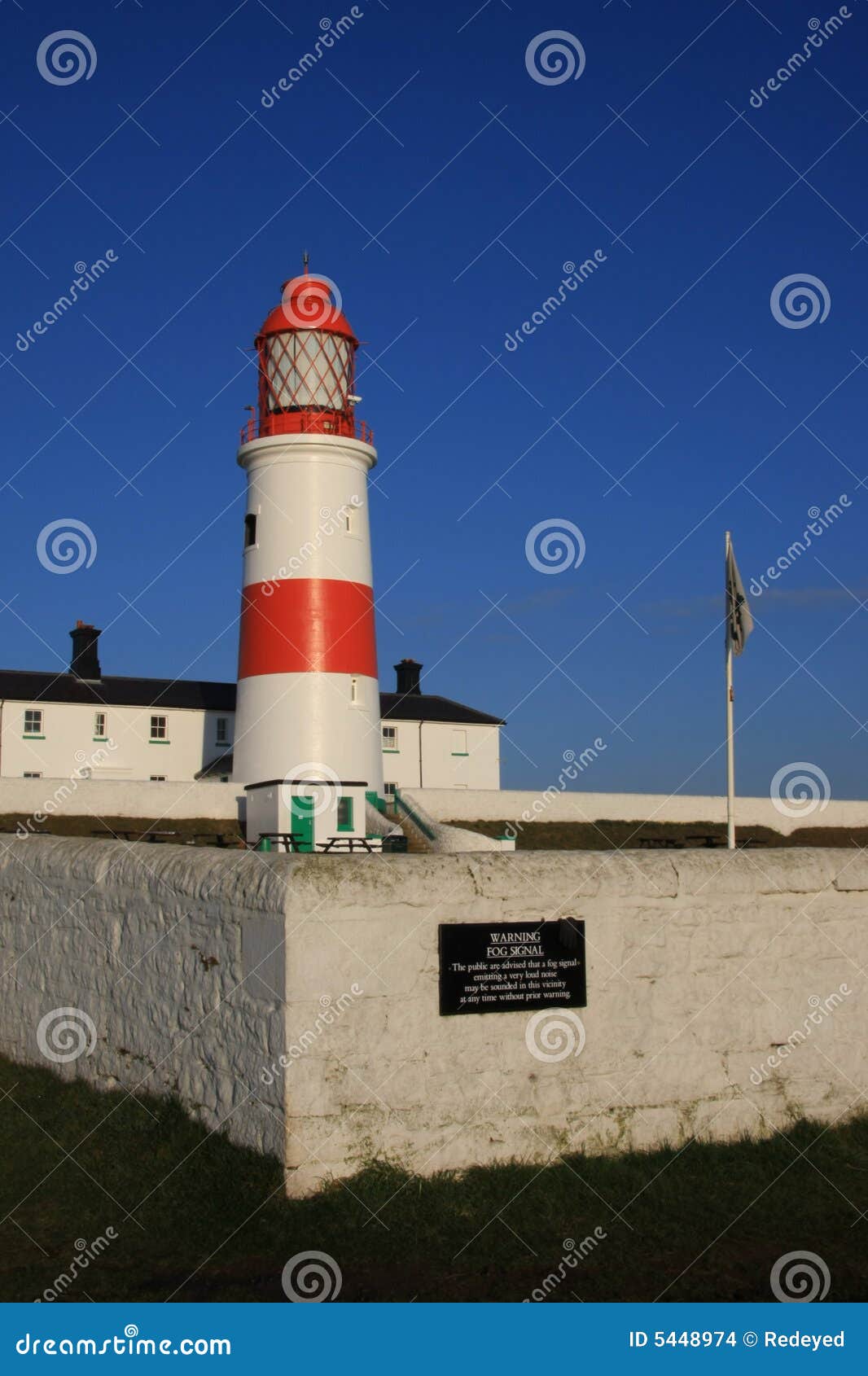 Souter Lighthouse and Warning Sign Stock Photo - Image of horn, cloud ...
