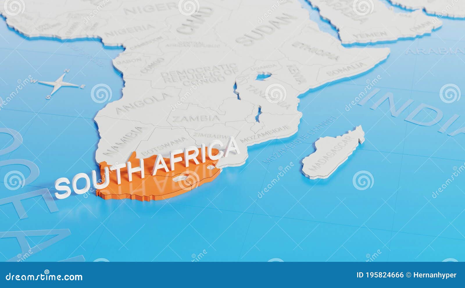 South Africa Highlighted on a White Simplified 3D World Map. Digital 3D ...