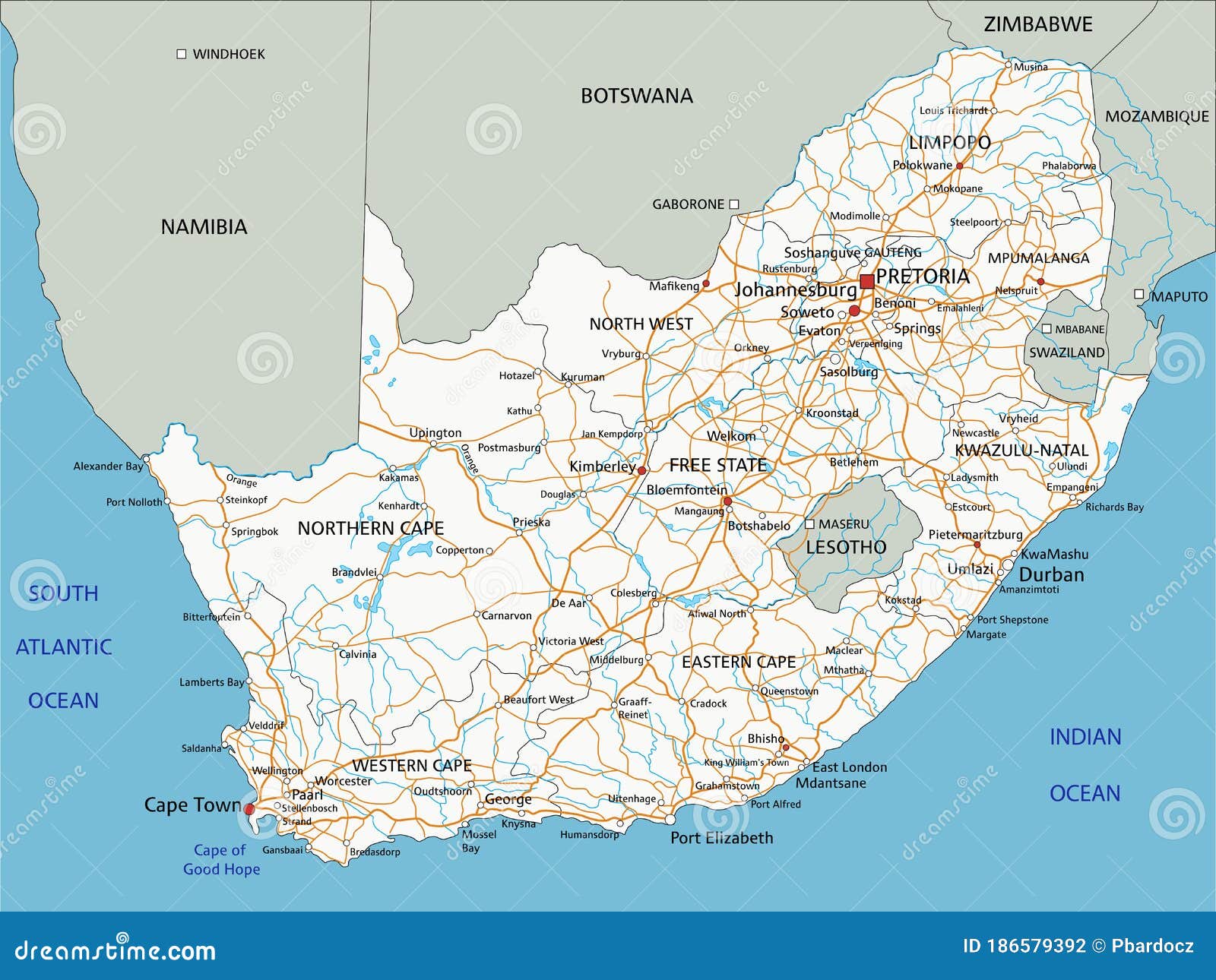 High Detailed South Africa Road Map with Labeling. Stock Vector ...