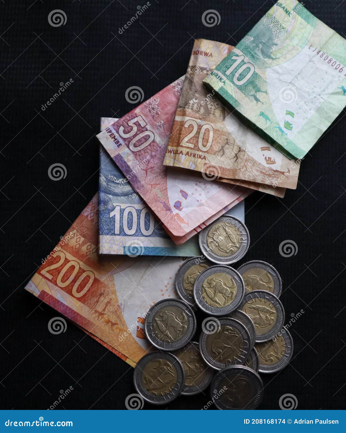 South African Currency Rand Including Bank Notes and Coins Stock Photo ...