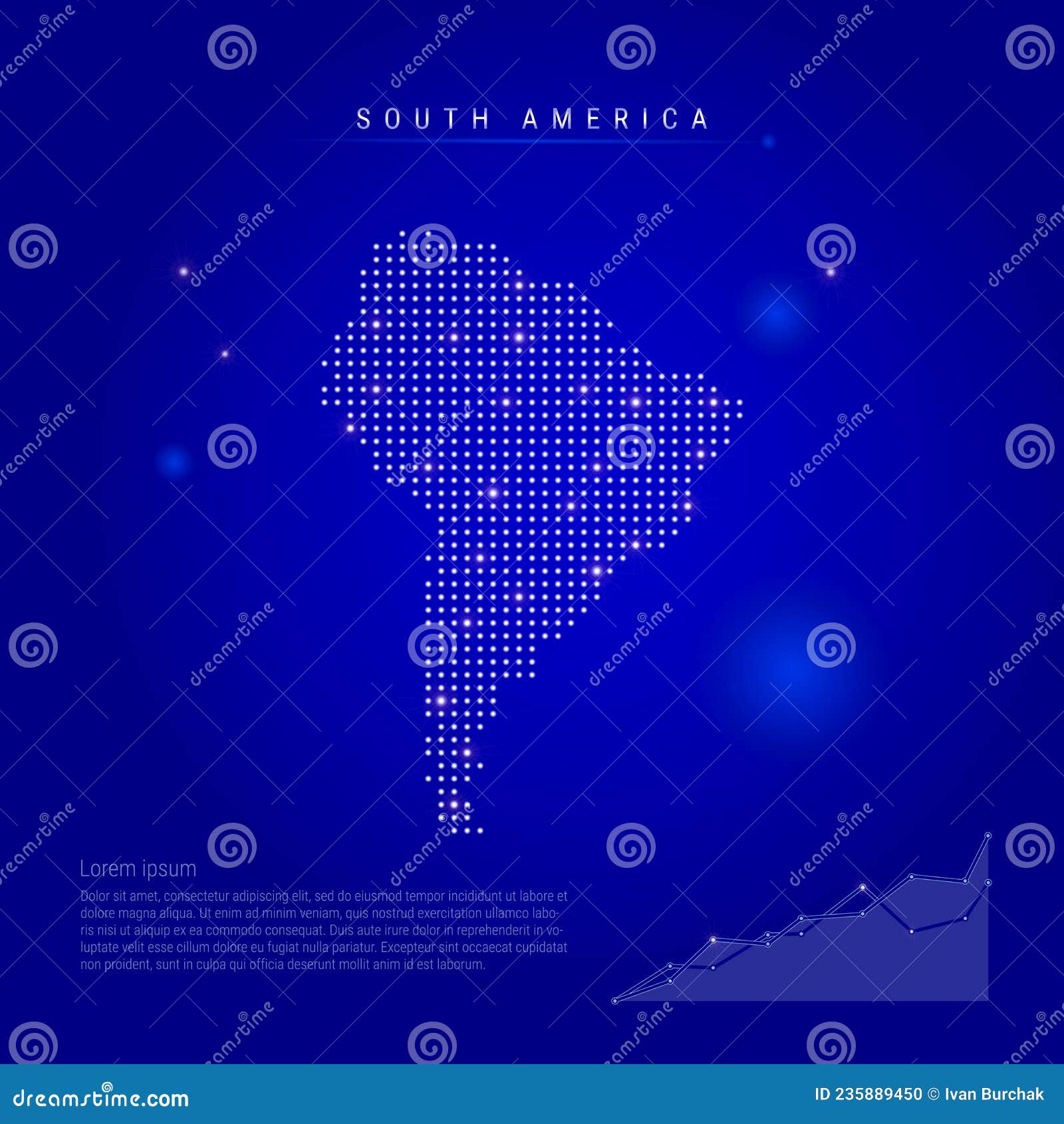 South America Illuminated Map with Glowing Dots. Dark Blue Space ...
