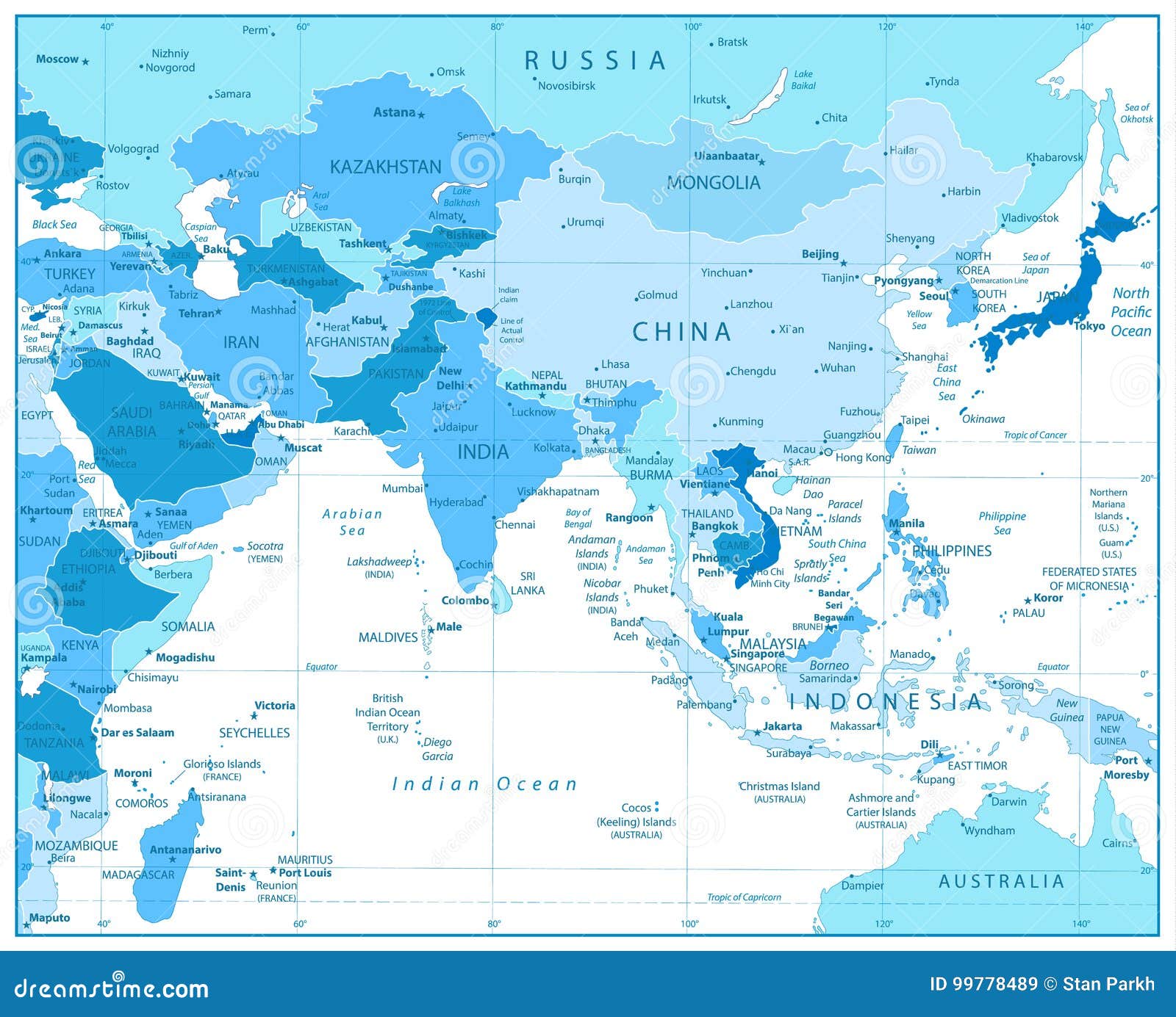 South Asia Map in Colors of Blue Stock Vector - Illustration of china ...