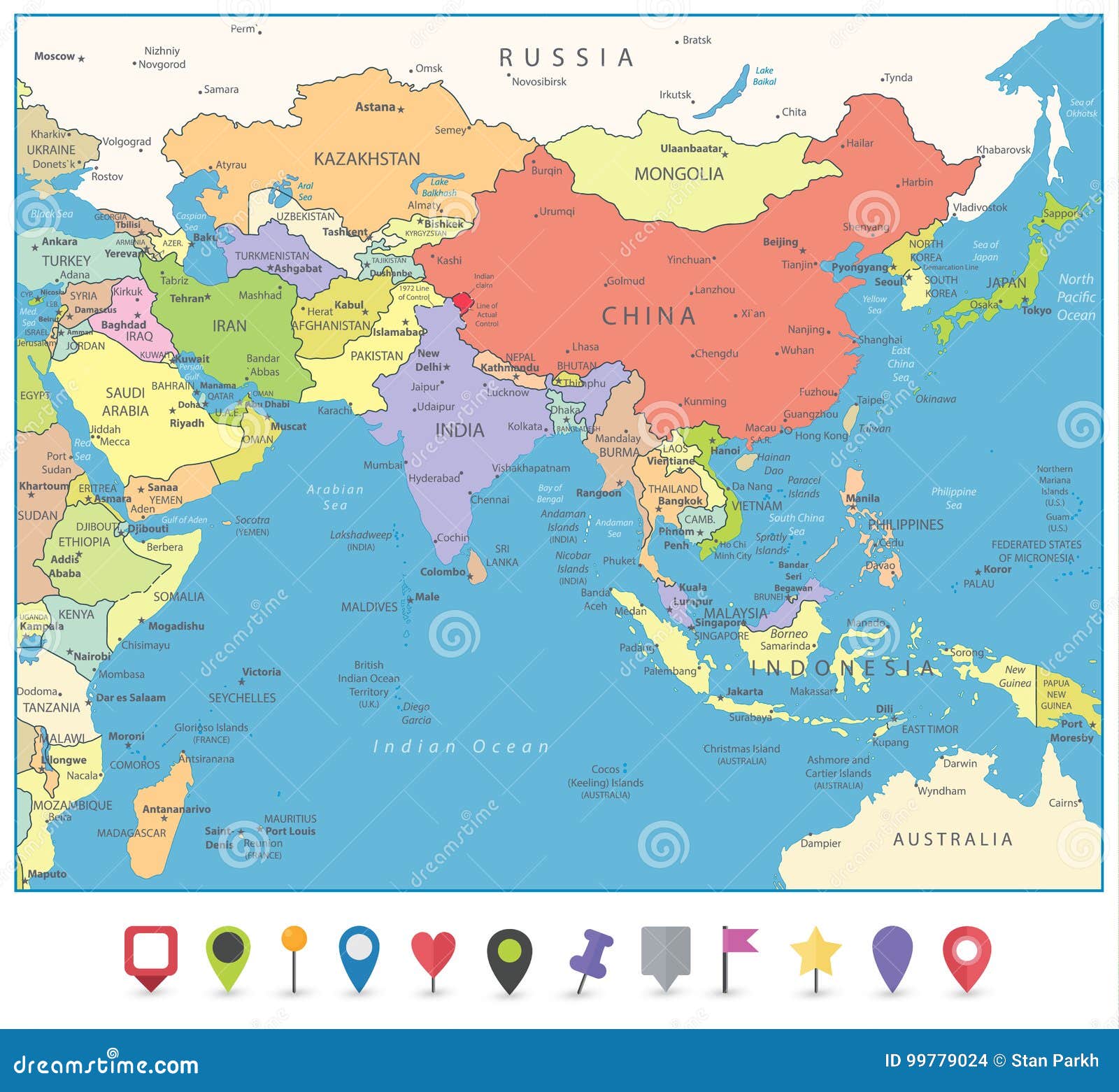 South Asia Map And Flat Map Markers Vector Illustration | CartoonDealer ...