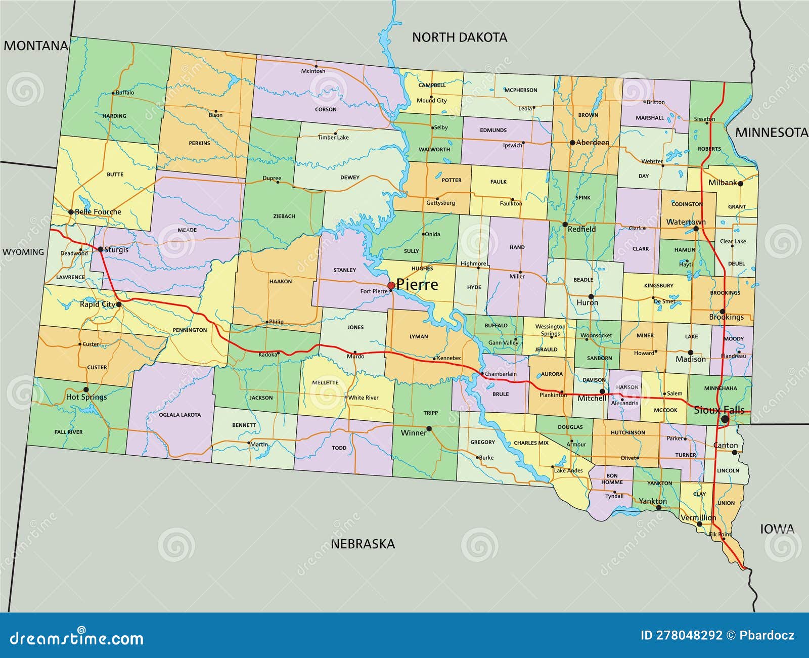 North Dakota - Detailed Editable Political Map with Labeling. Stock ...