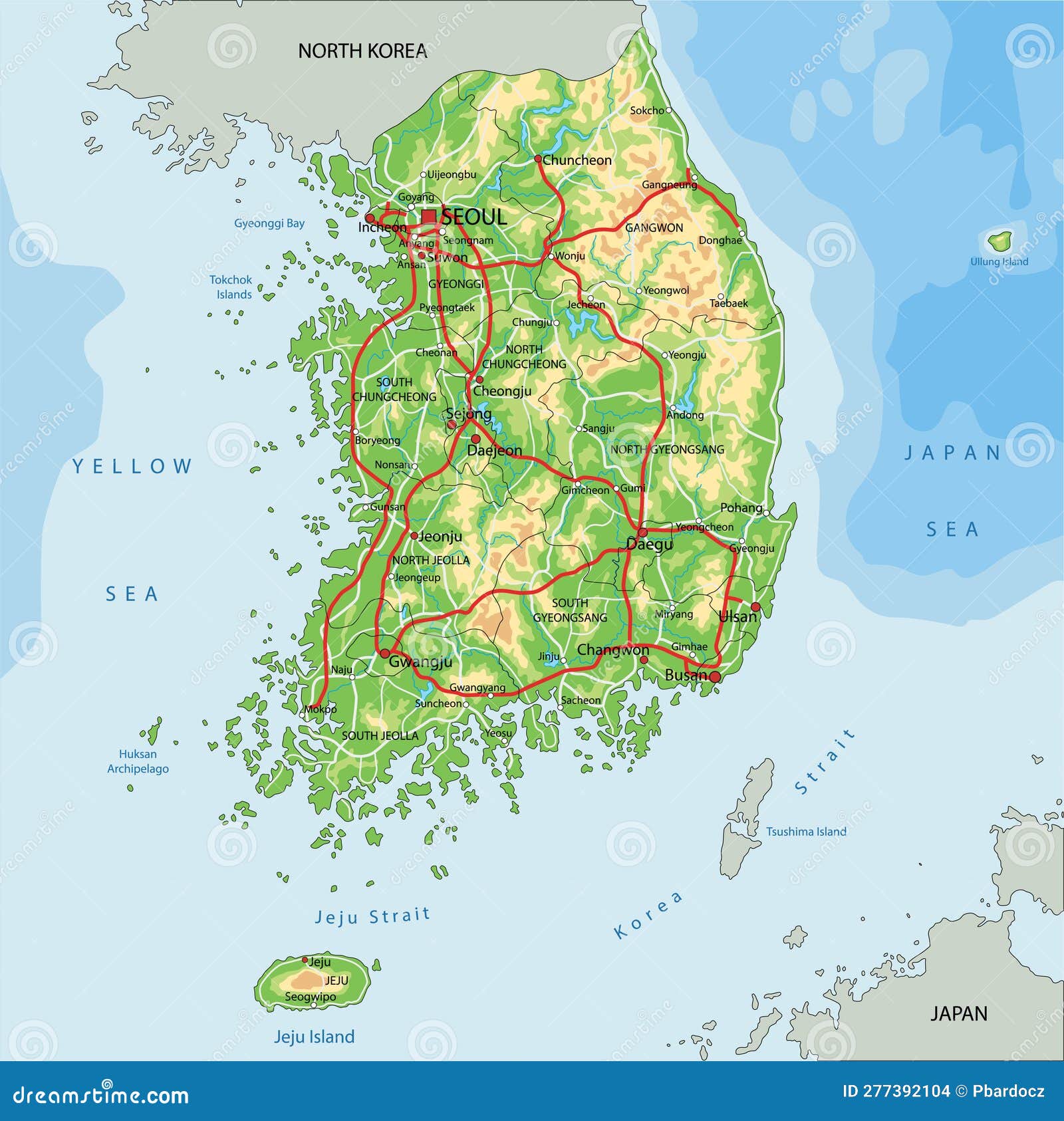 Detailed South Korea Physical Map with Labeling. Stock Vector ...
