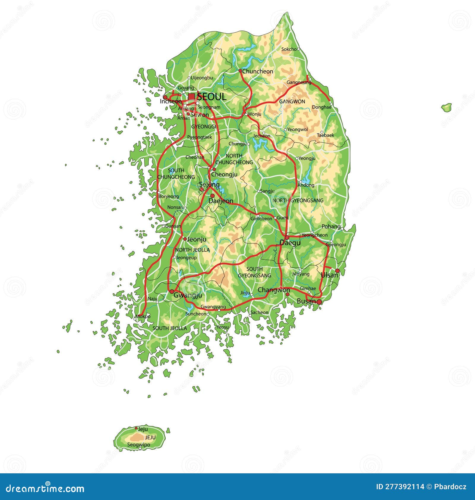 Detailed South Korea Physical Map with Labeling. Stock Vector ...