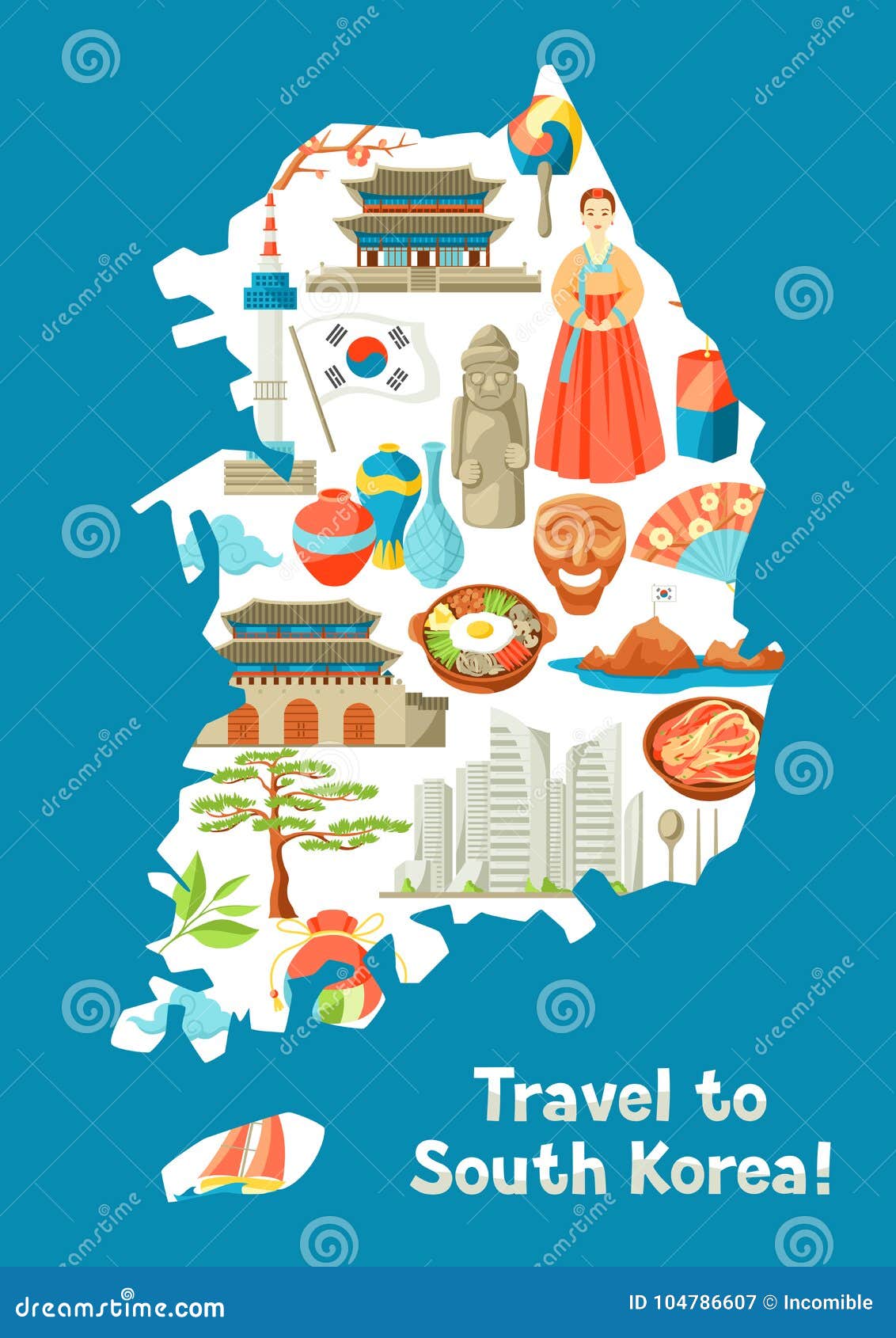 South Korea Map Design. Korean Traditional Symbols and Objects Stock ...