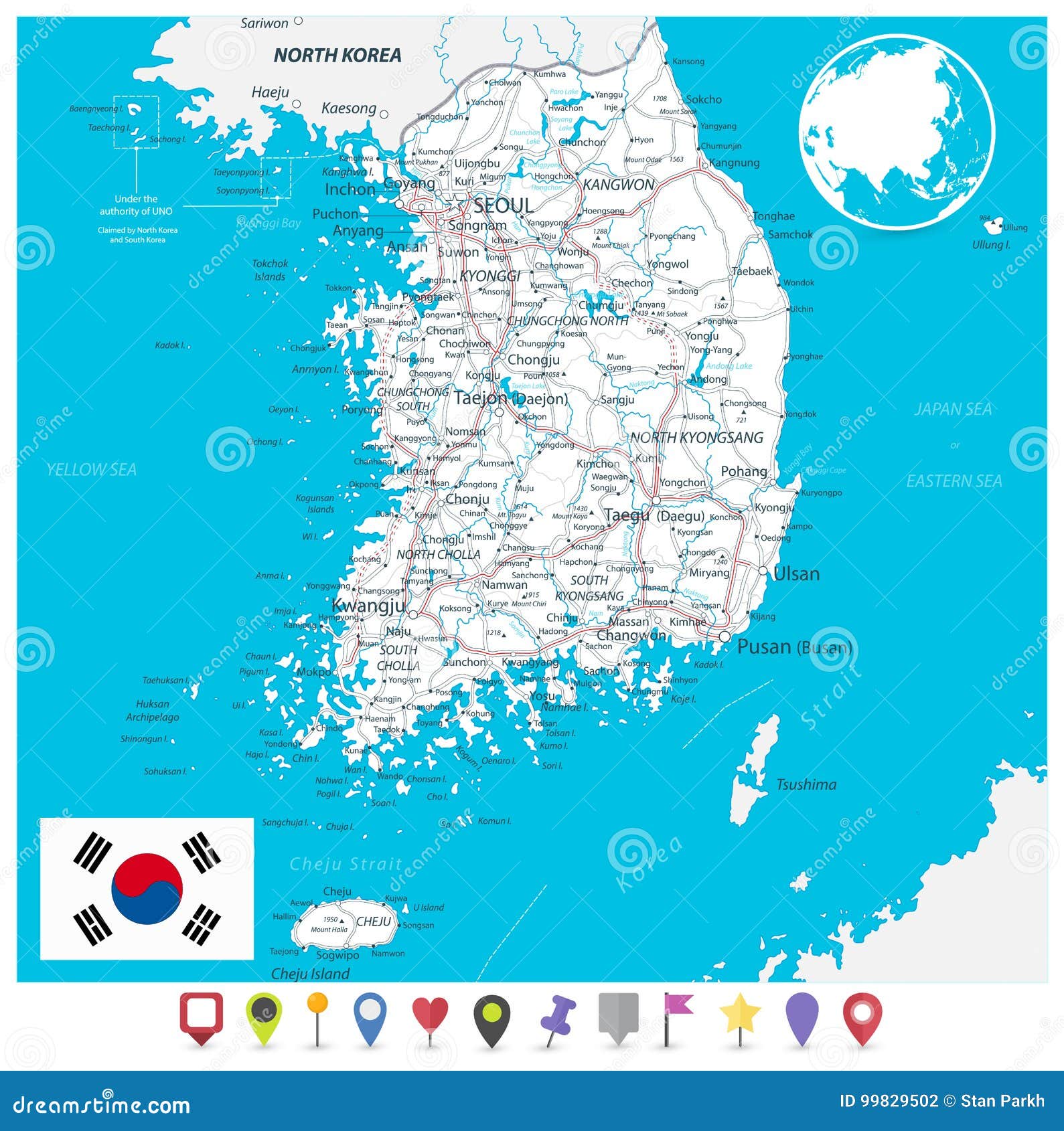 South Korea Road Map and Flat Pin Icons Stock Vector - Illustration of ...