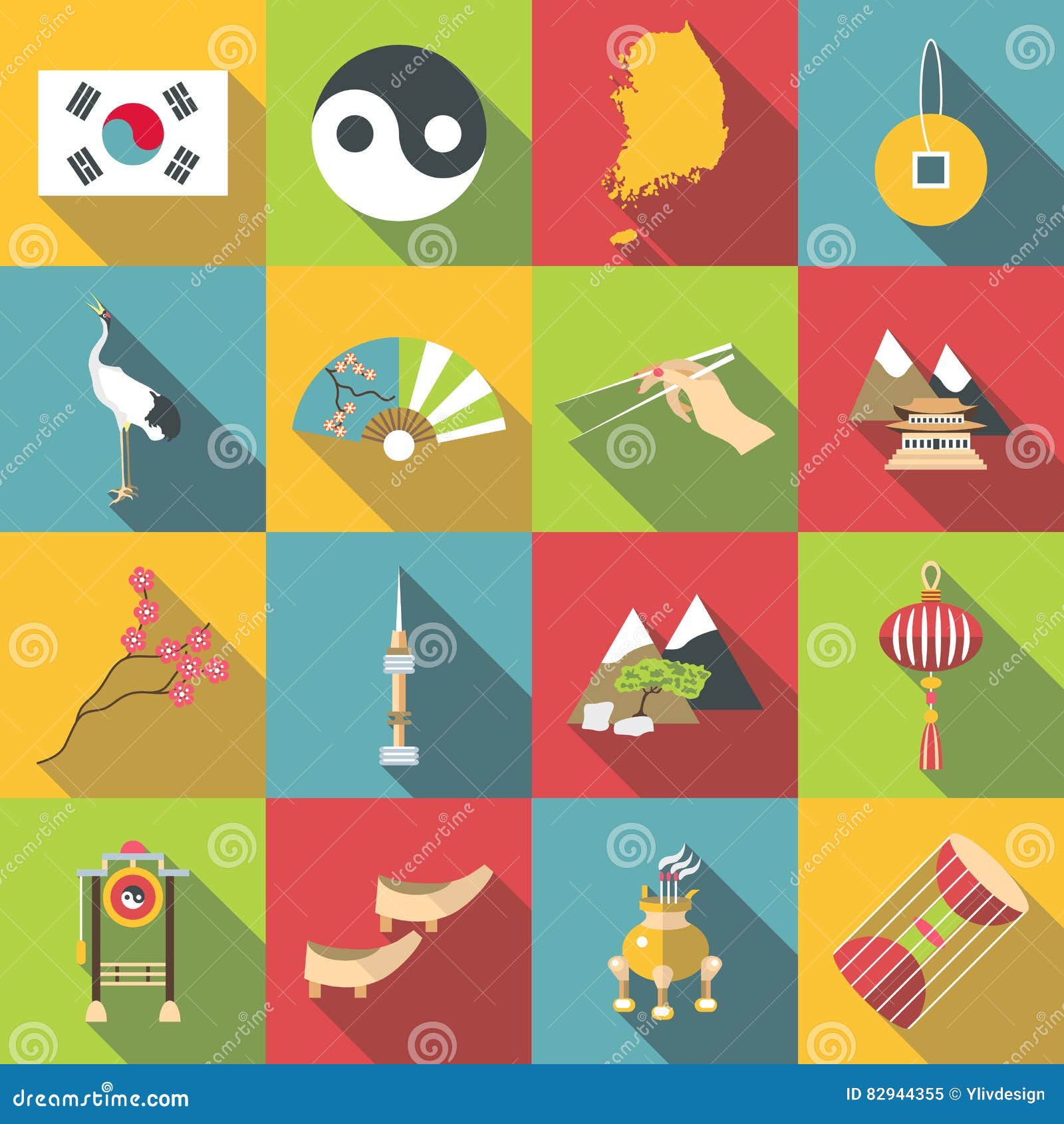 South Korea Travel Icons Set, Flat Style Stock Vector - Illustration of ...