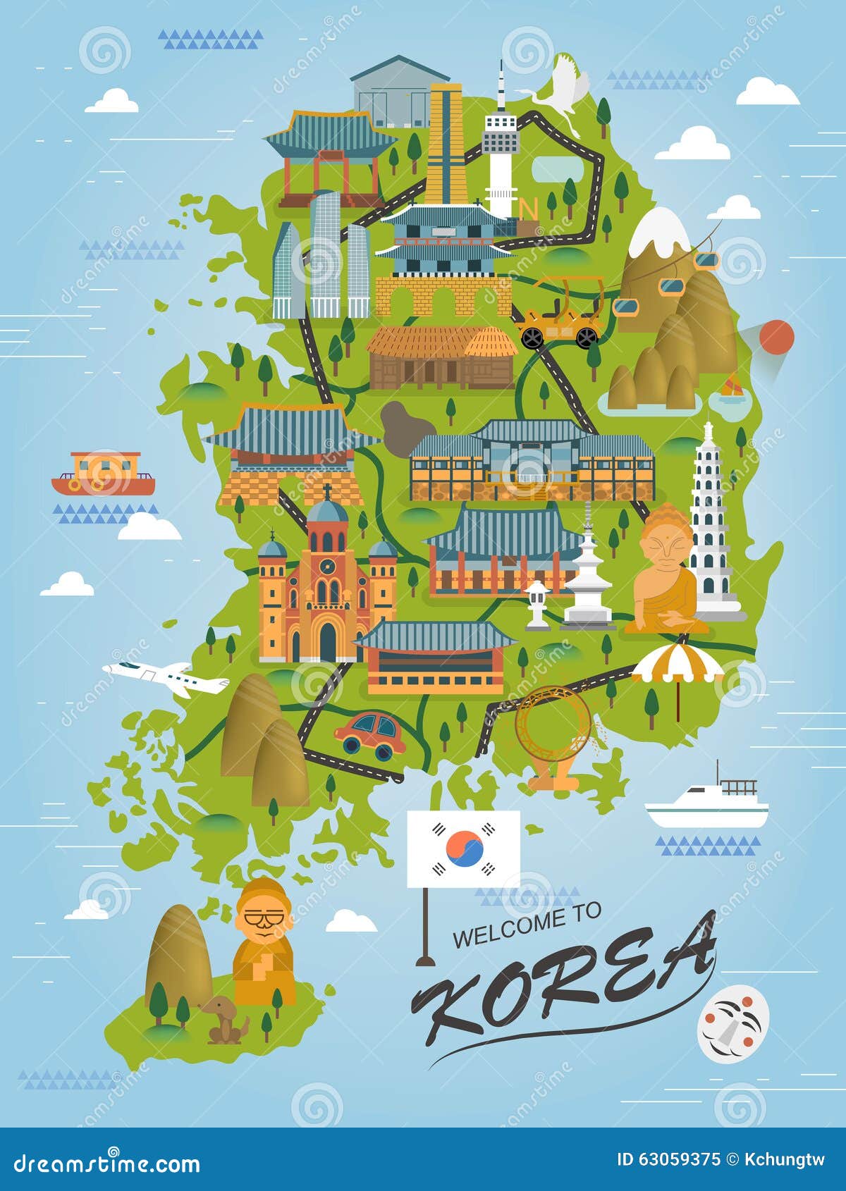 South Korea travel map stock illustration. Illustration of green - 63059375