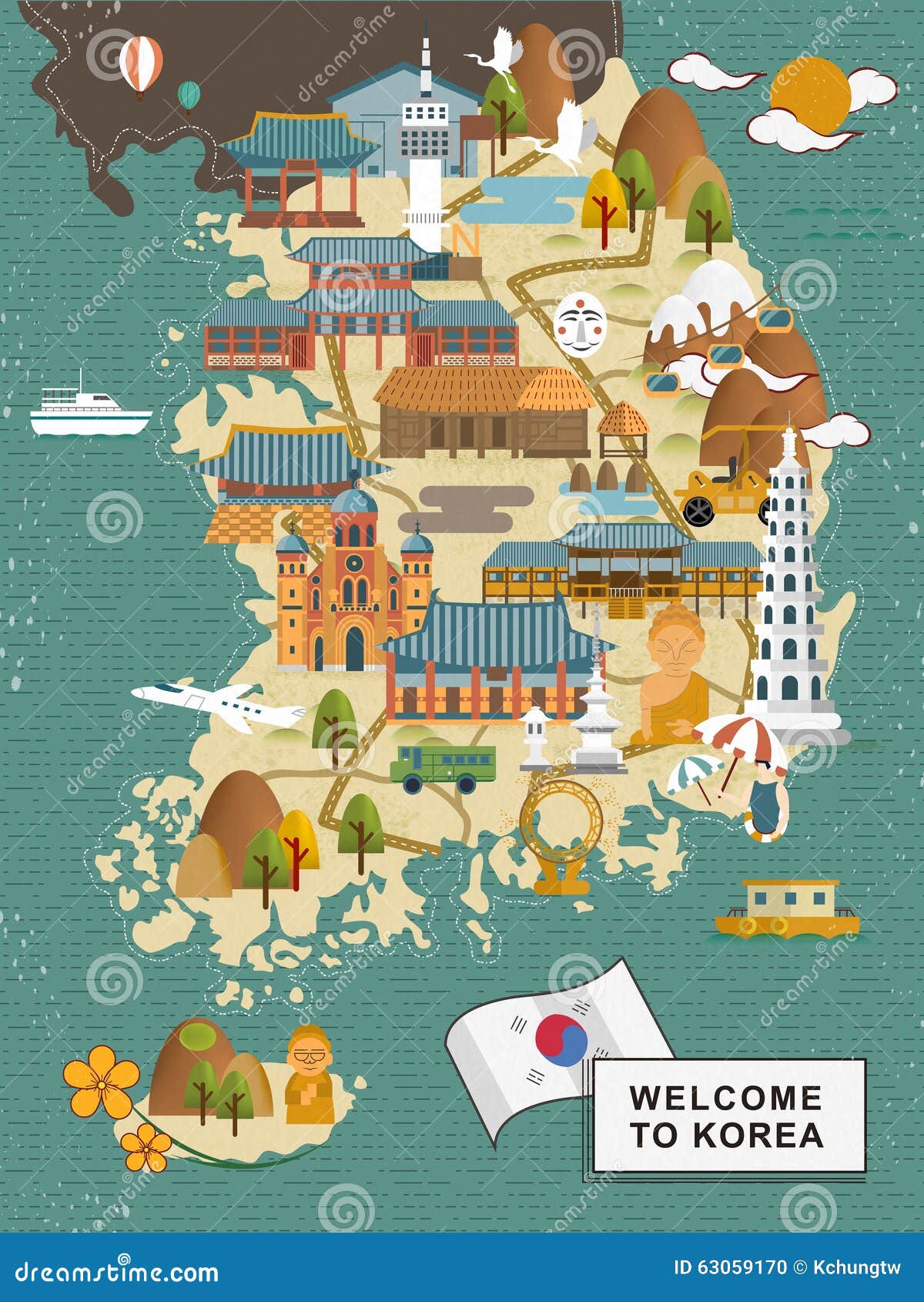 South Korea travel map stock illustration. Illustration of building ...