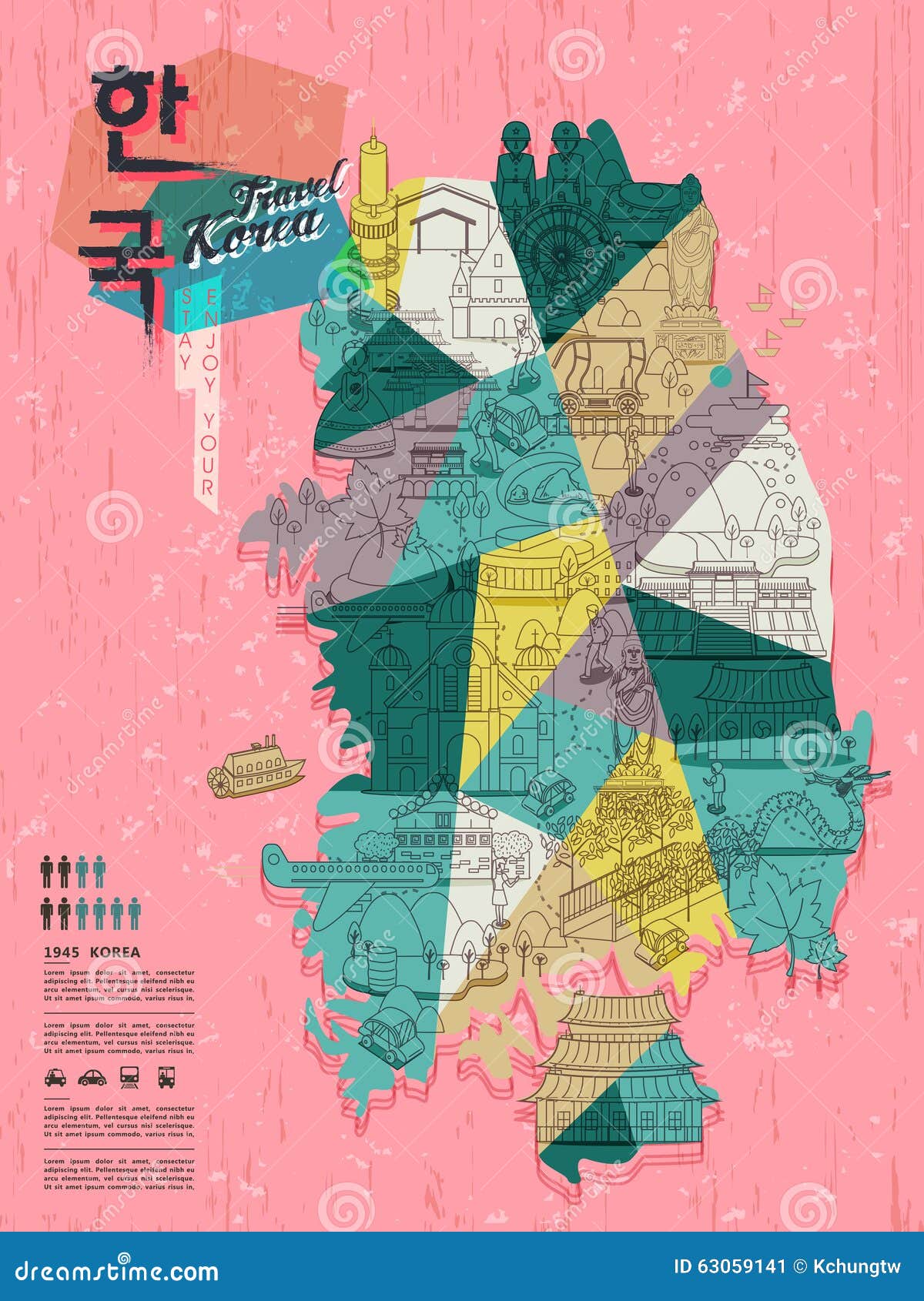 South Korea travel map stock vector. Illustration of famous - 63059141