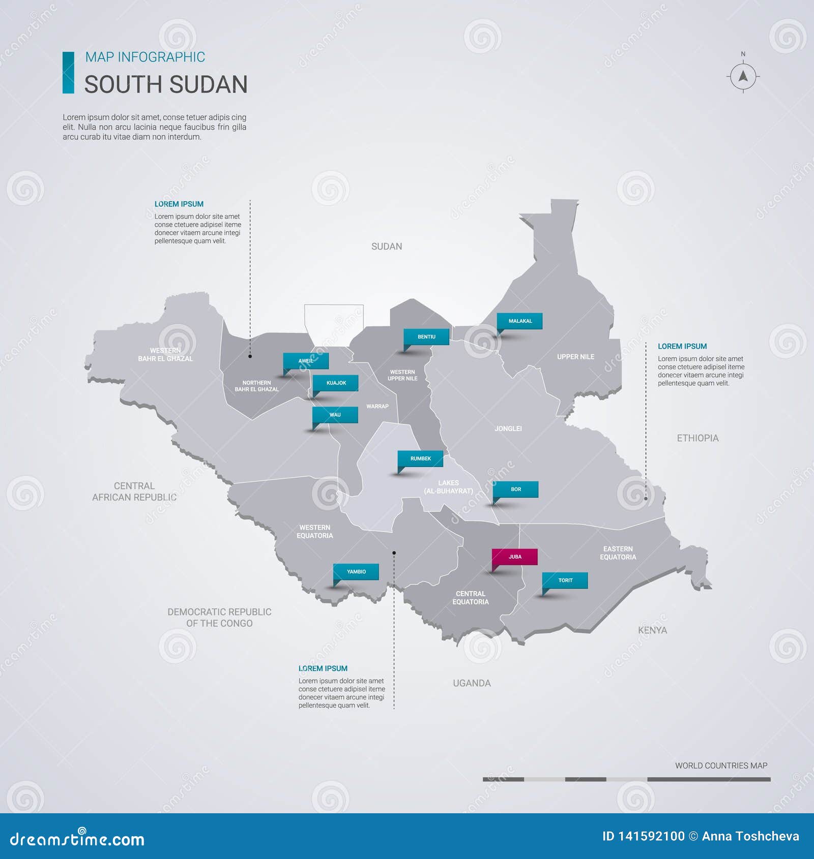 South Sudan Vector Map With Infographic Elements Pointer Marks Stock