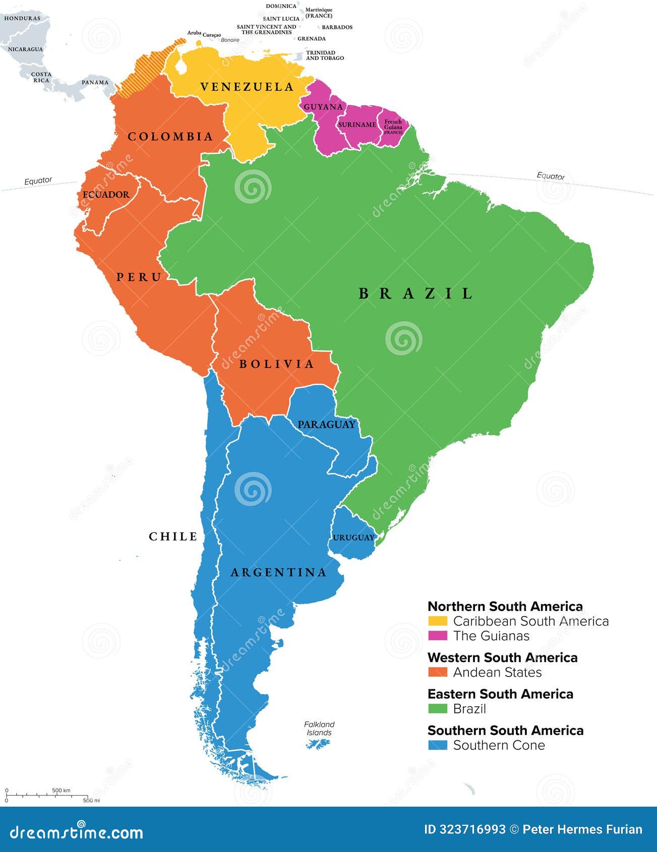 South America Geographical Regions, Multi Colored Political Map Stock ...