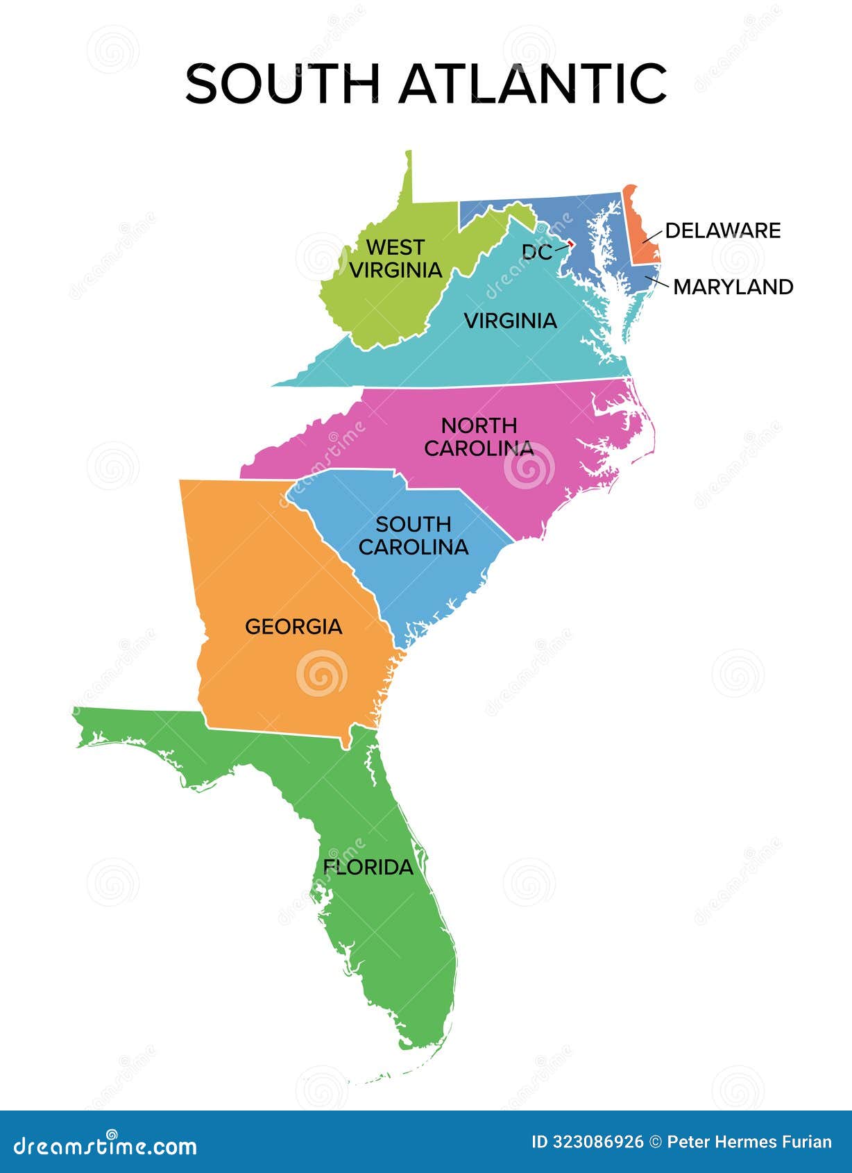 South Atlantic States in the South Region of USA, Multi Colored ...