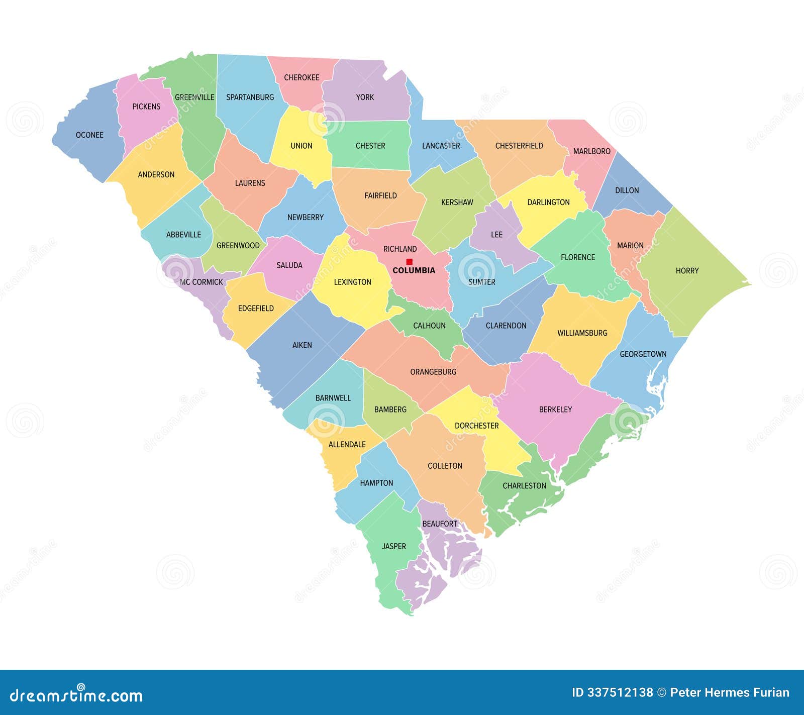 South Carolina, U.S. State, Subdivided into 46 Counties, Colored Map ...
