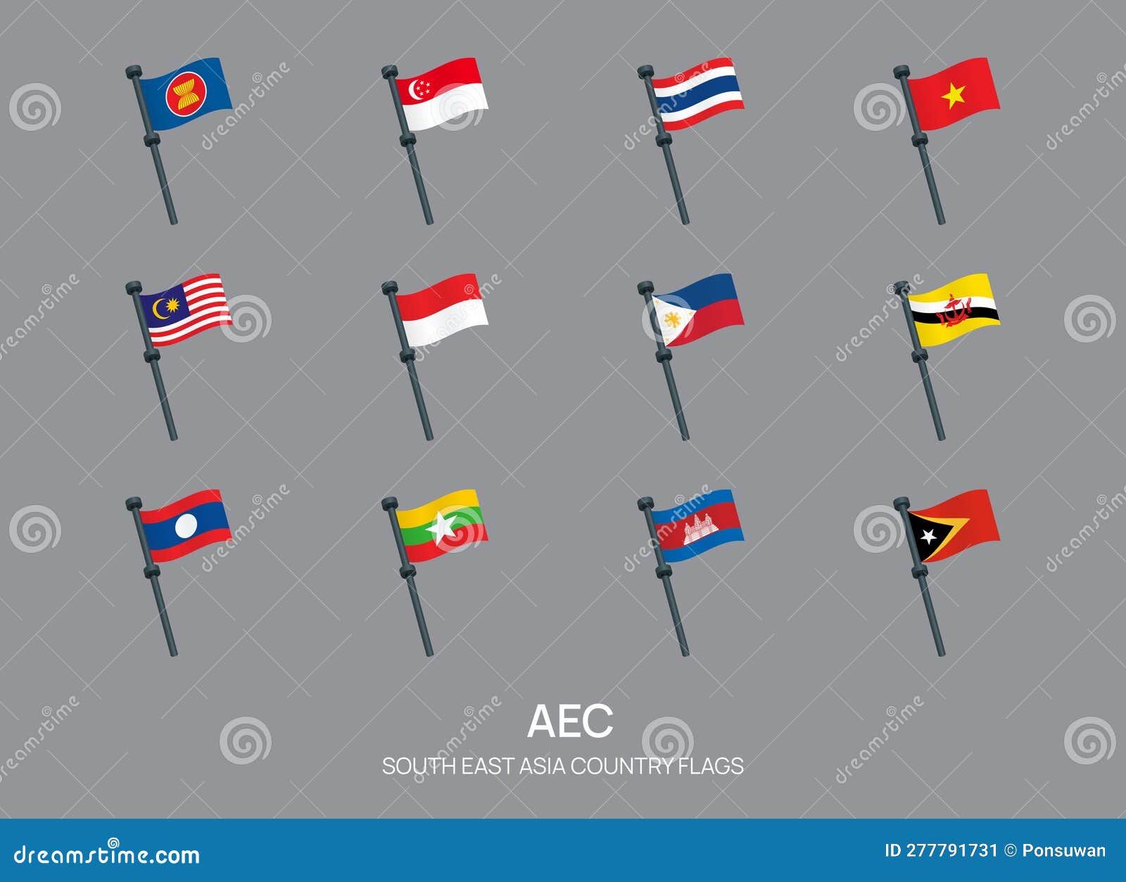 Southeast Asia Countries Flags Set and AEC Members, Vector Design ...