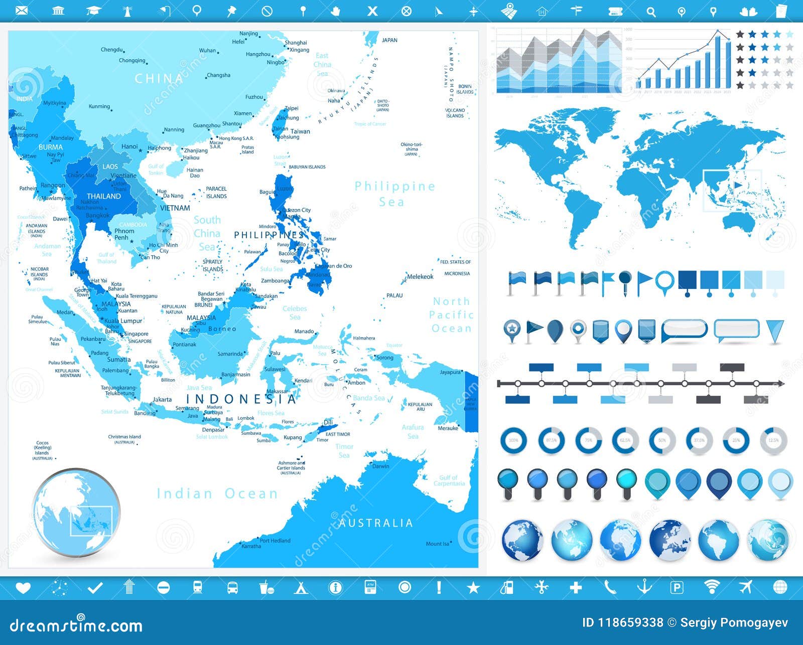 Southeast Asia Map and Infographic Elements Stock Vector - Illustration ...
