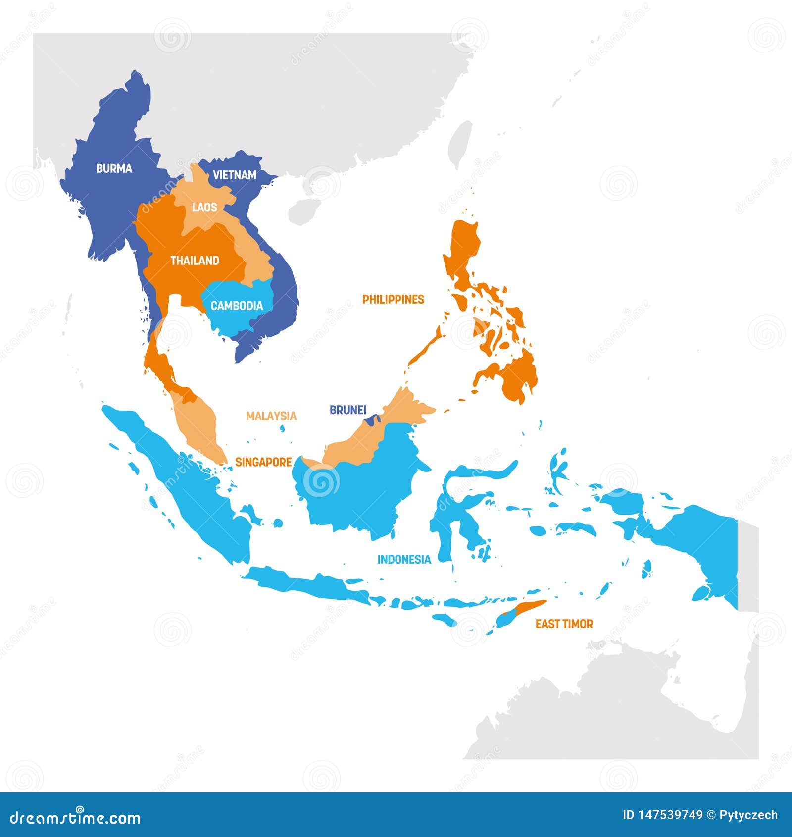 Southeast Asia Region. Map Of Countries In Southeastern Asia. Vector ...