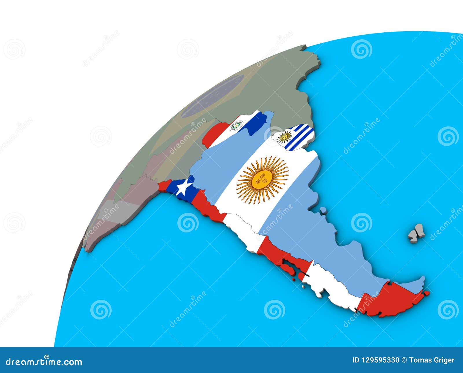 Southern Cone with Flags on 3D Globe Stock Illustration - Illustration ...