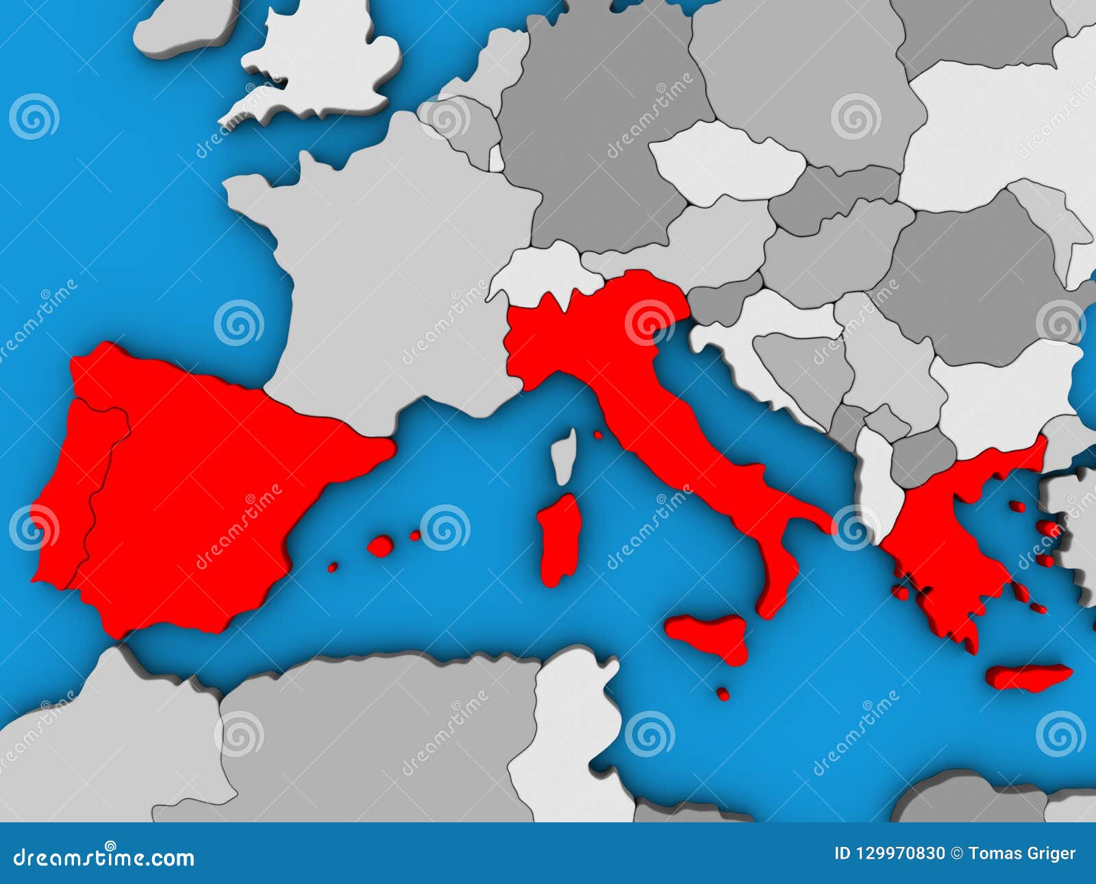 Southern Europe on 3D map stock illustration. Illustration of political ...