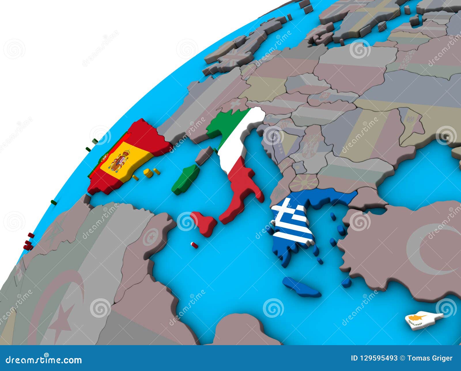 Southern Europe with Flags on 3D Globe Stock Illustration ...