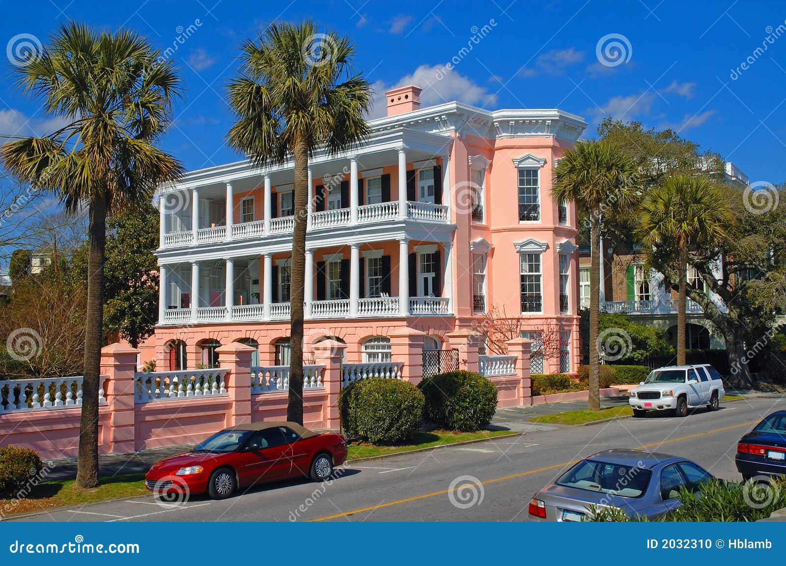 Southern Mansion with Palms Stock Photo - Image of convertable, pink ...