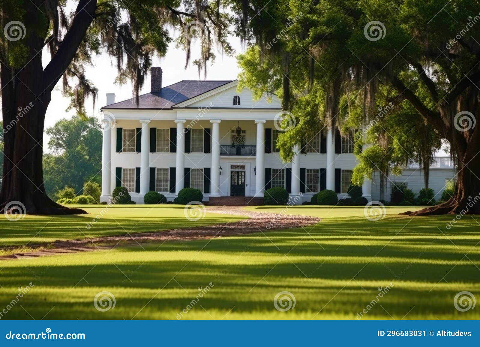 A Southern Plantation with White Columns and Sprawling Land Stock ...