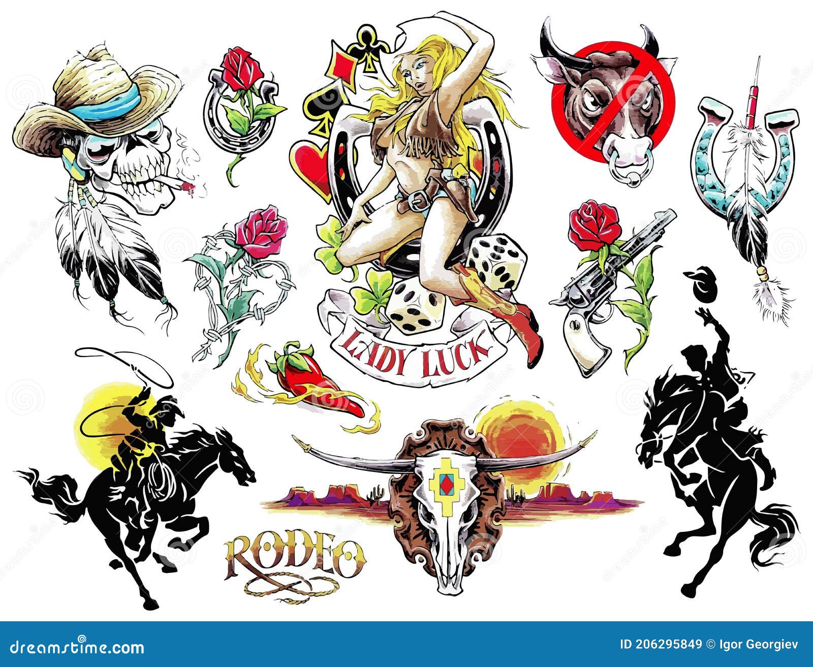 Southern Tattoo Flash Set. Set of Labels and Elements. Vector Set ...