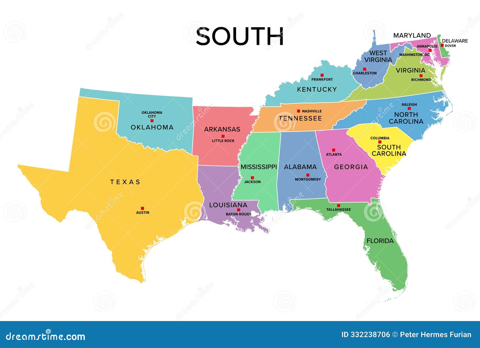 South, U.S. Census Region, Multi Colored Political Map Stock Vector ...