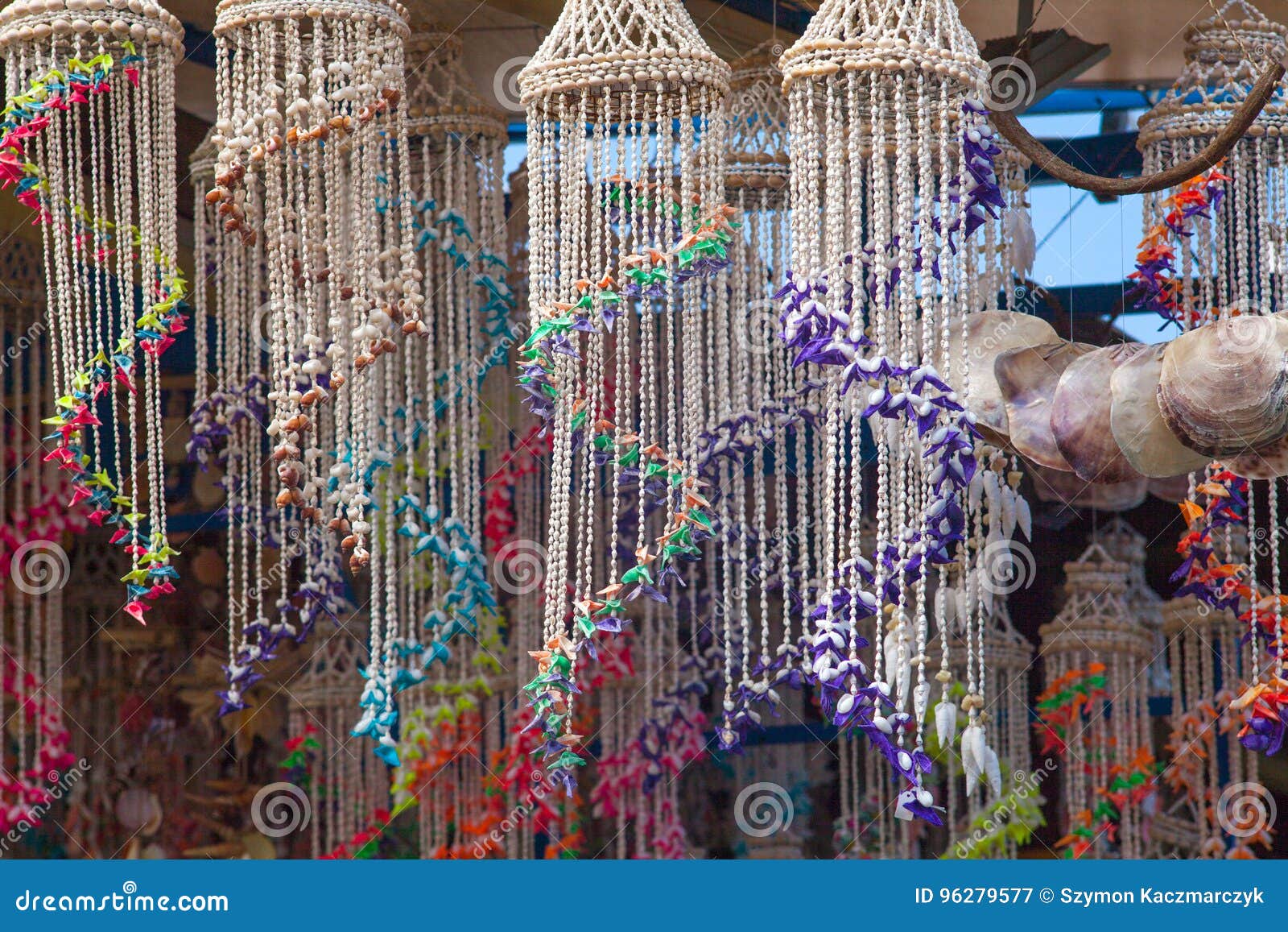 Souvenir Shop on the Ship. Colorful Shells on Strings. Harbor in Rhodes ...