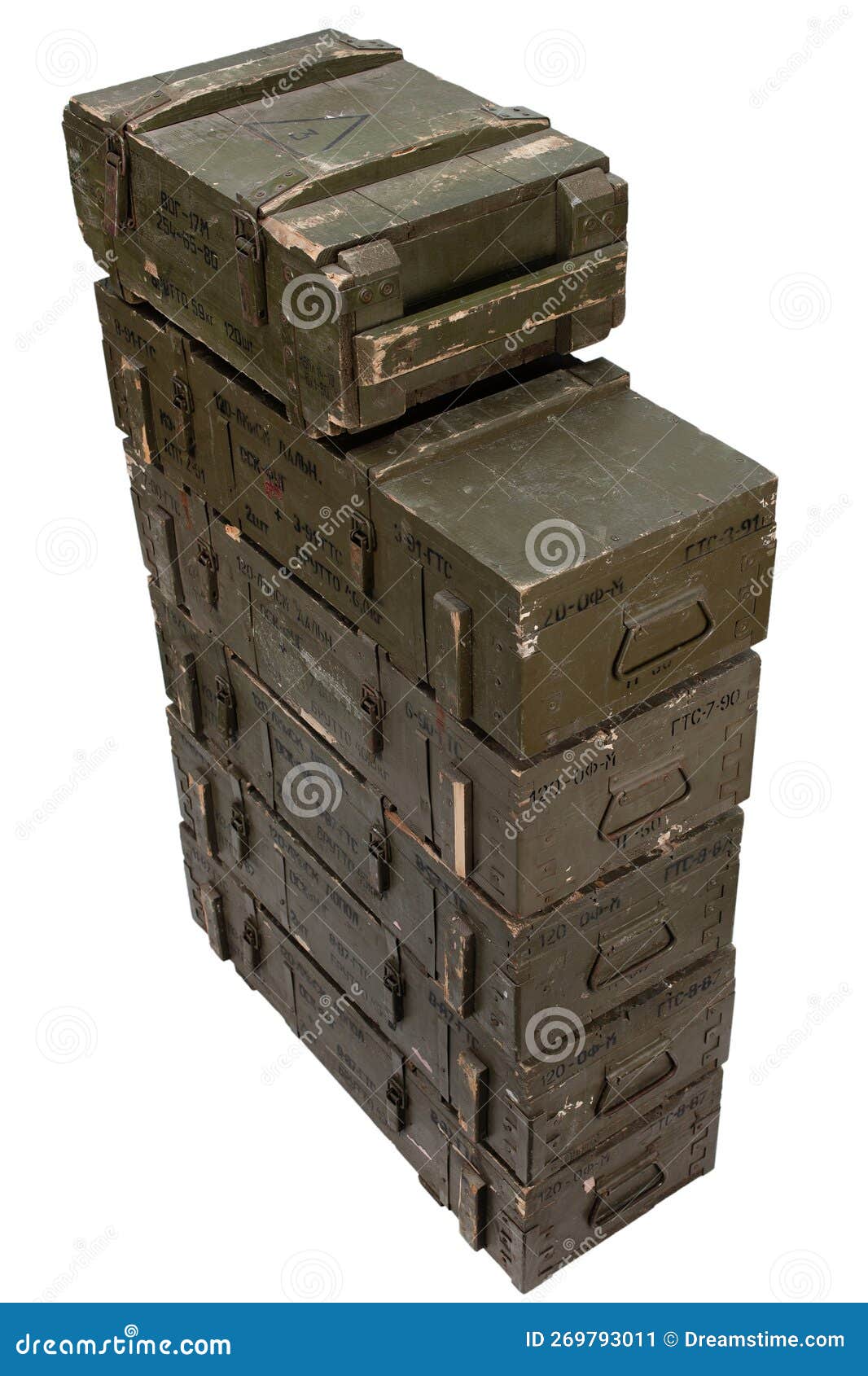 Soviet Army Ammunition Stack of Green Crates. Text in Russian - Type of ...