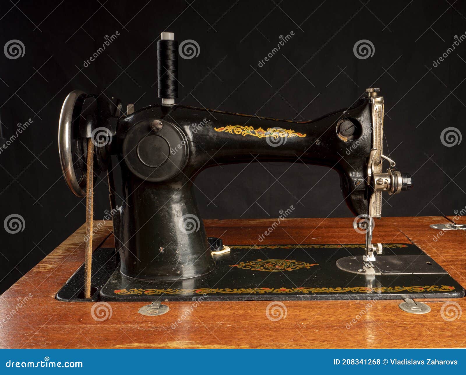Soviet Black Sewing Machine on a Wooden Stand Close-up Stock Photo ...