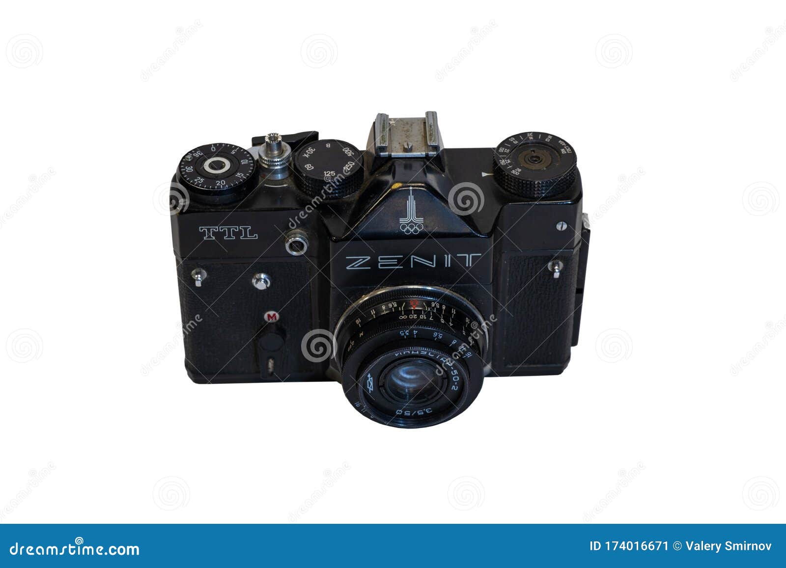 Soviet Camera Zenith with Olympic Symbols on a White Background ...