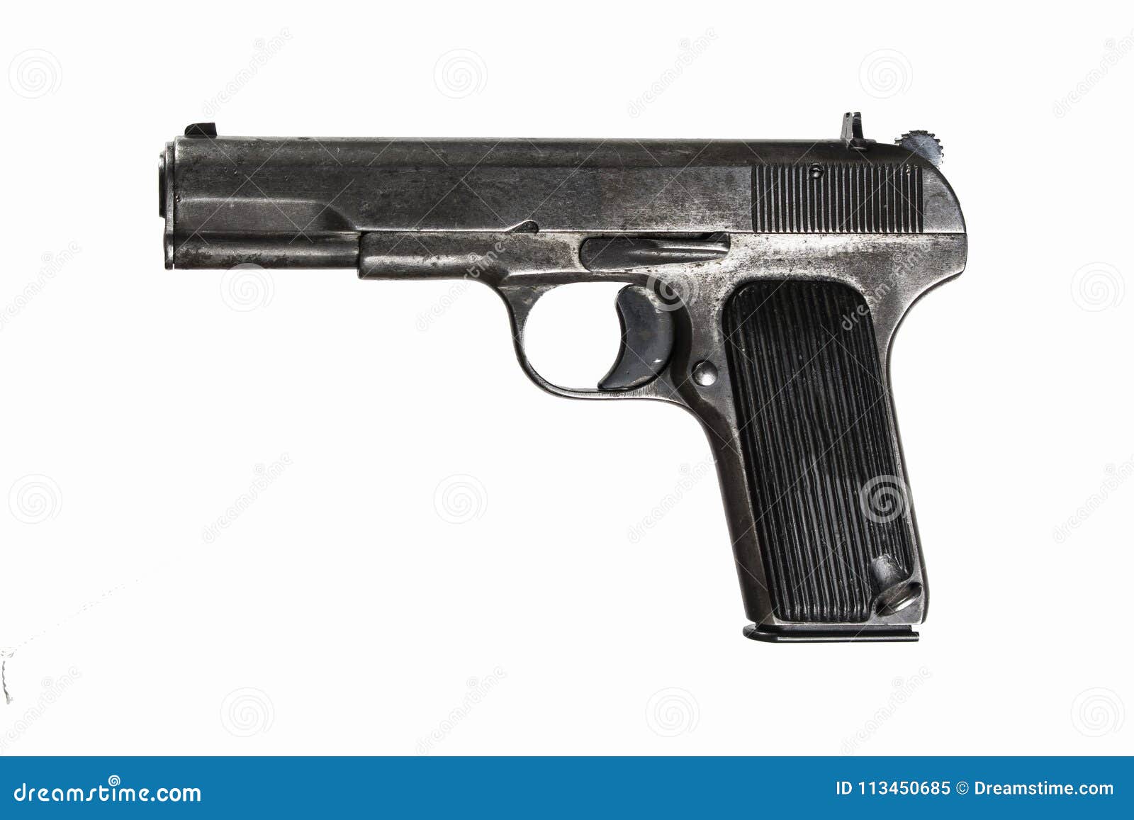 Soviet pistol on white stock image. Image of hand, close - 113450685