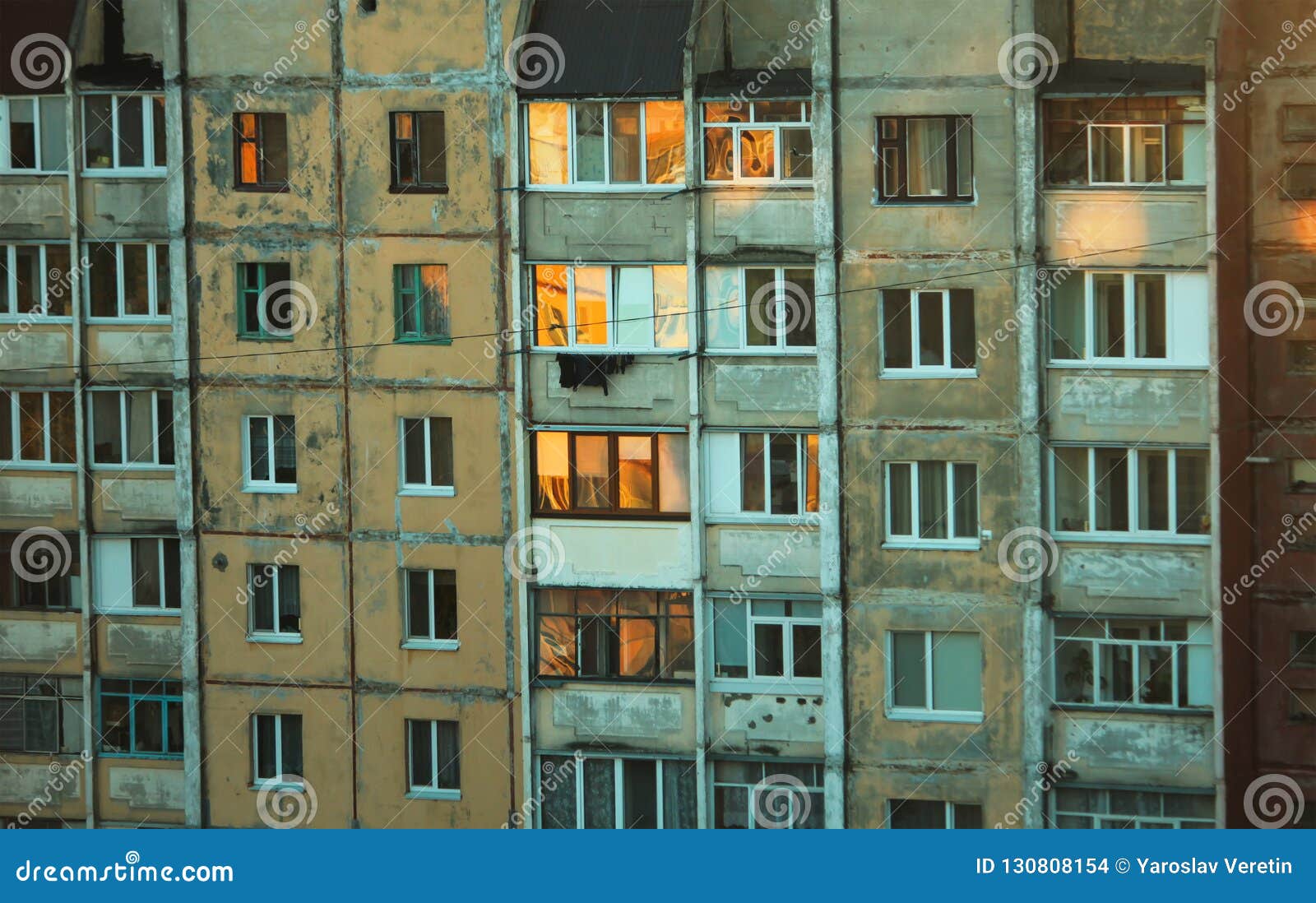 Soviet Residential Buildings at Evening with Window Reflections Stock ...