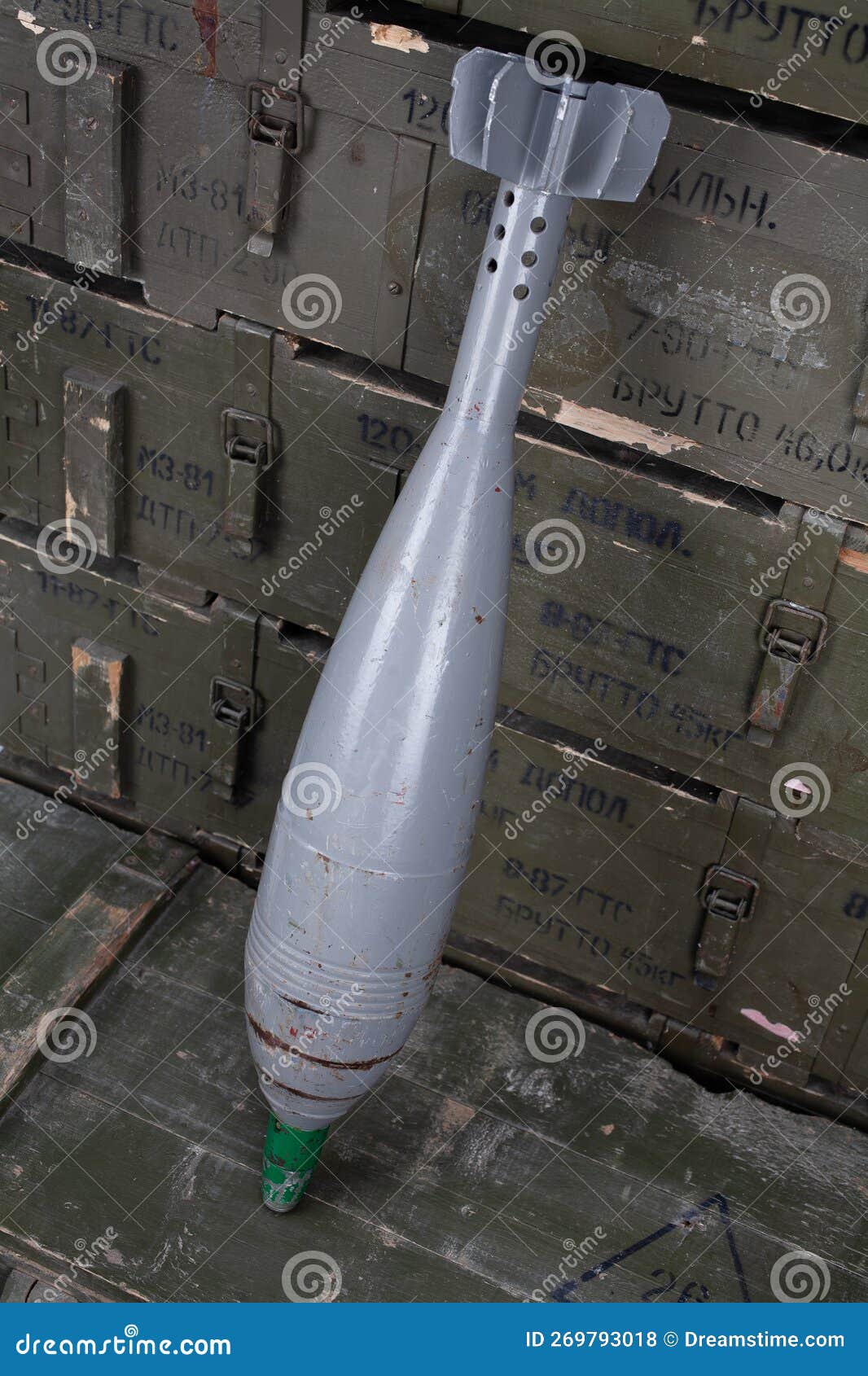 Soviet or Russian 120 Mm Mortar Shell on Army Green Crate. Text in ...